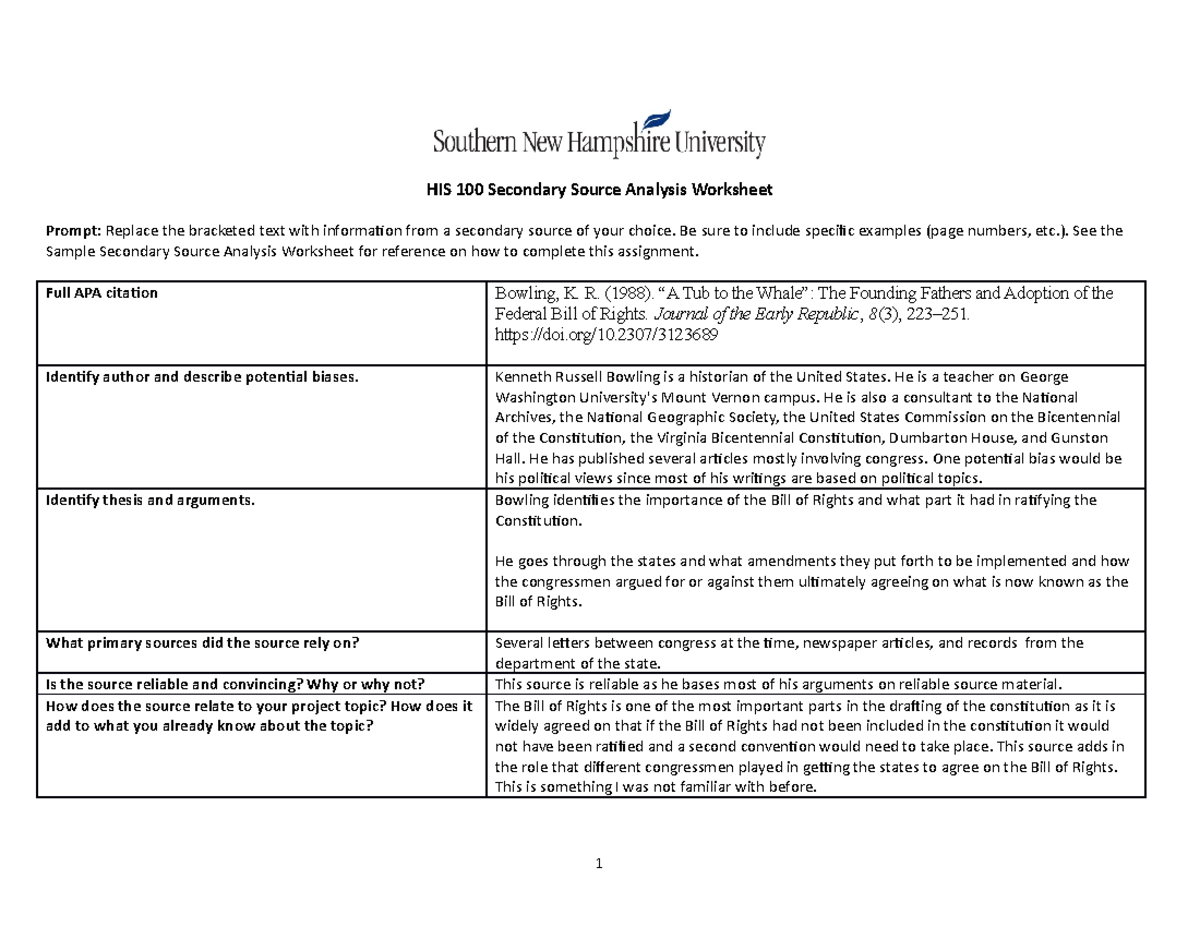 HIS 100 Secondary Source Analysis Worksheet - HIS100 - SNHU - Studocu