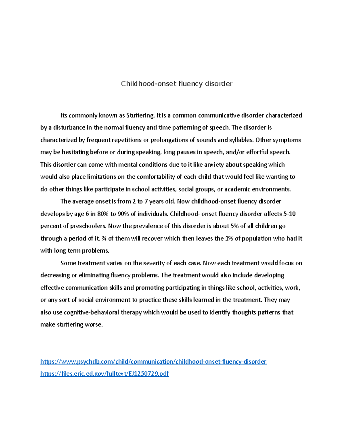 Communication Disorders Assignment - Childhood-onset fluency disorder ...