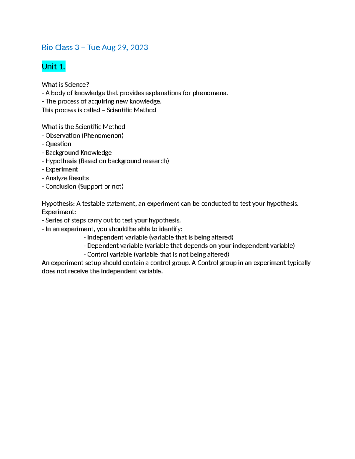 Biology 10th Grade Semester 1 Note - Bio Class 3 – Tue Aug 29, 2023 ...