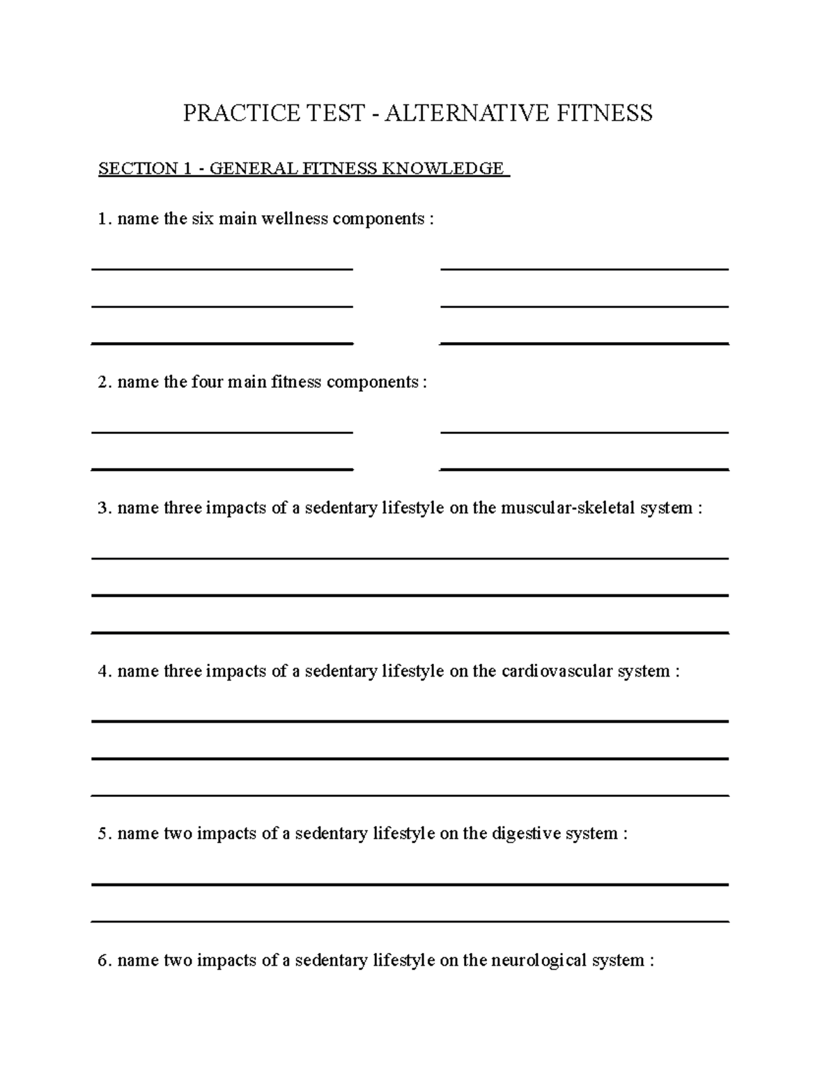 practice test alternative fitness - PRACTICE TEST - ALTERNATIVE FITNESS ...