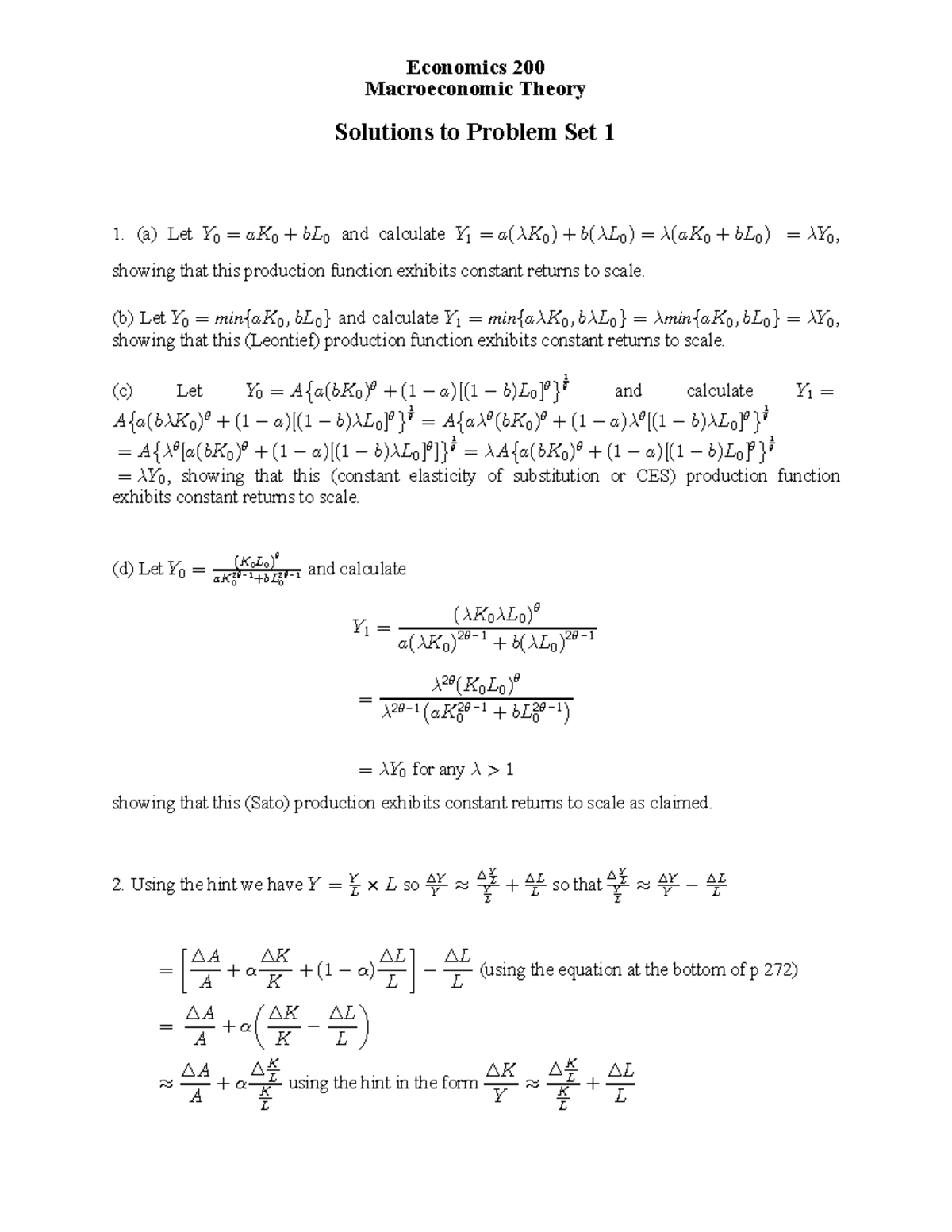 Problem Set 1 and Solutions Spring 2016 - Economics 200 Macroeconomic Theory Solutions to ...