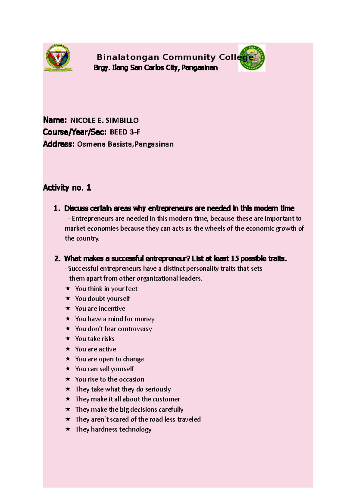 Module 1 Activity Simbillo Nicole E. BEED3-F - Name: NICOLE E. SIMBILLO ...