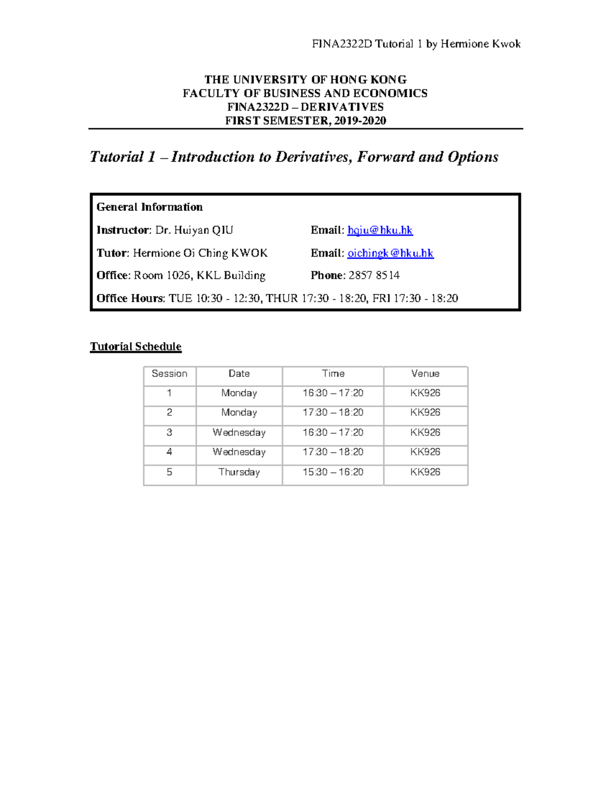FINA2322 Tutorial 1 tutorial tutorial tutorial - THE UNIVERSITY OF HONG ...