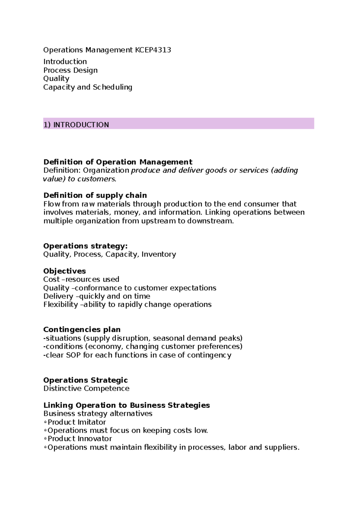 OM Revision - Summary Operations Management - Operations Management ...