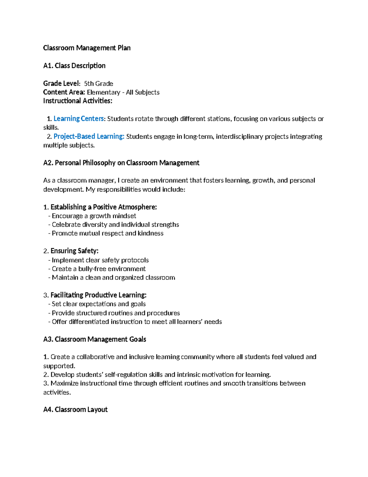 Classroom Management Plan - Class Description Grade Level: 5th Grade ...