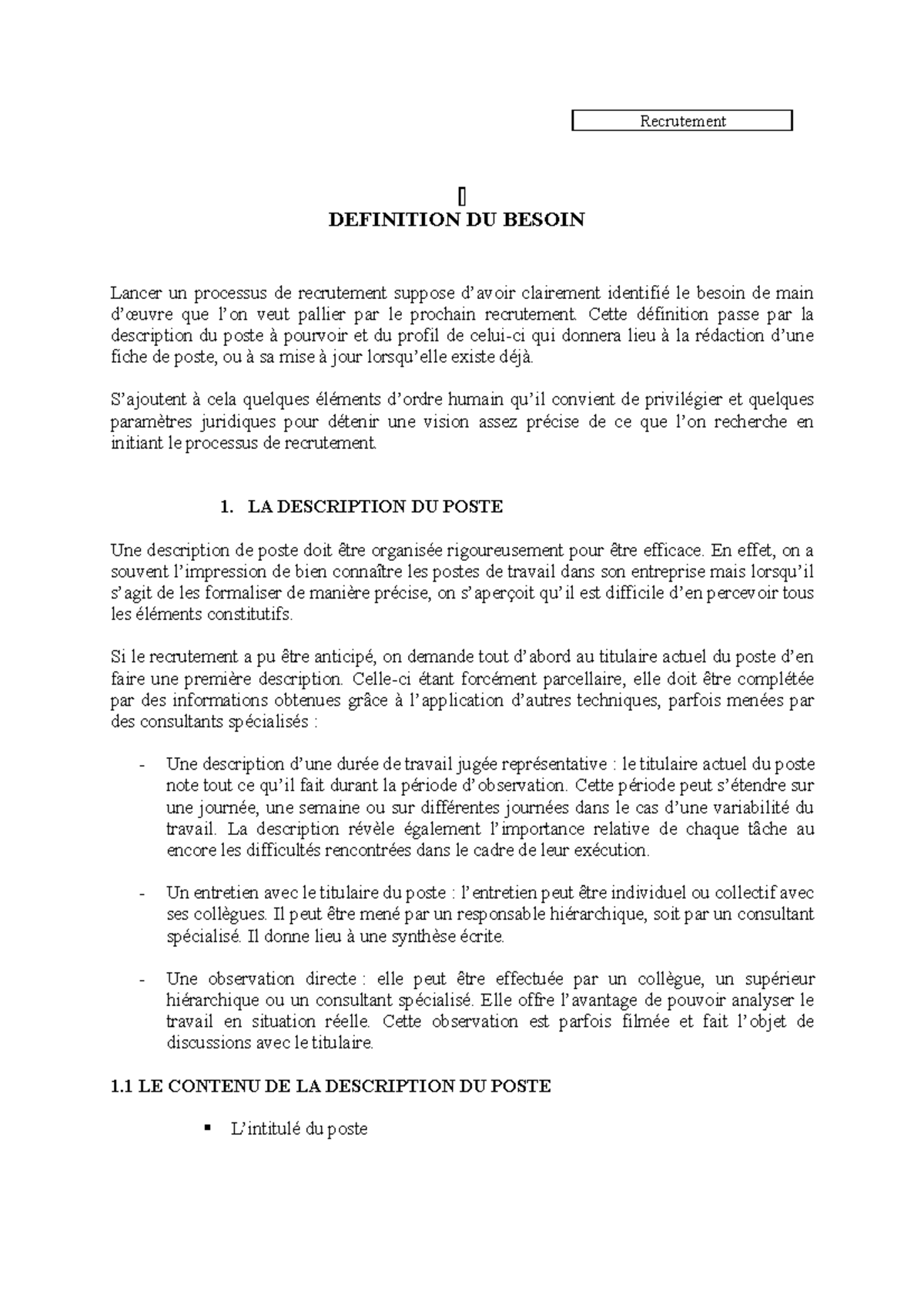 Support cours définition du besoin RH (2) - Recrutement DEFINITION DU ...