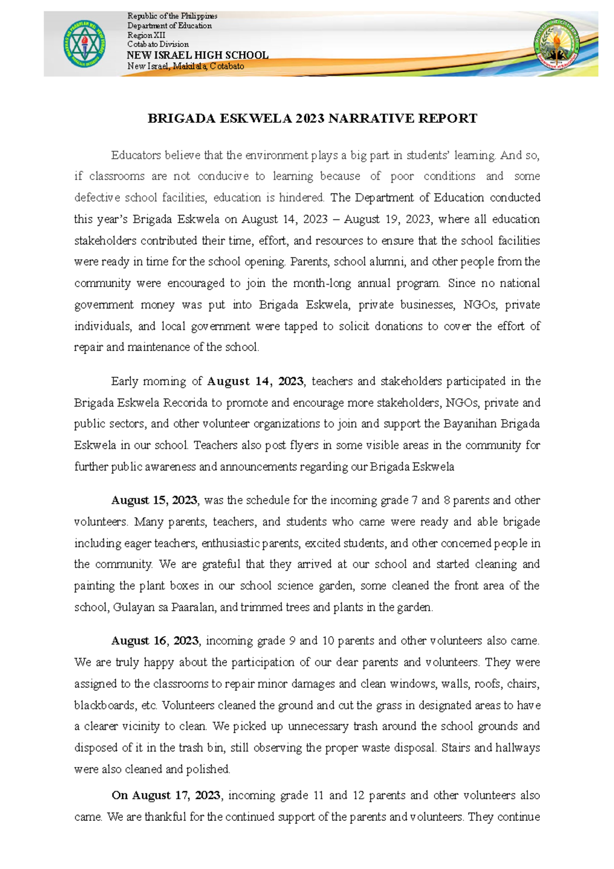 Brigada eskwela narrative report 2023 - Region XIICotabato Division NEW ...