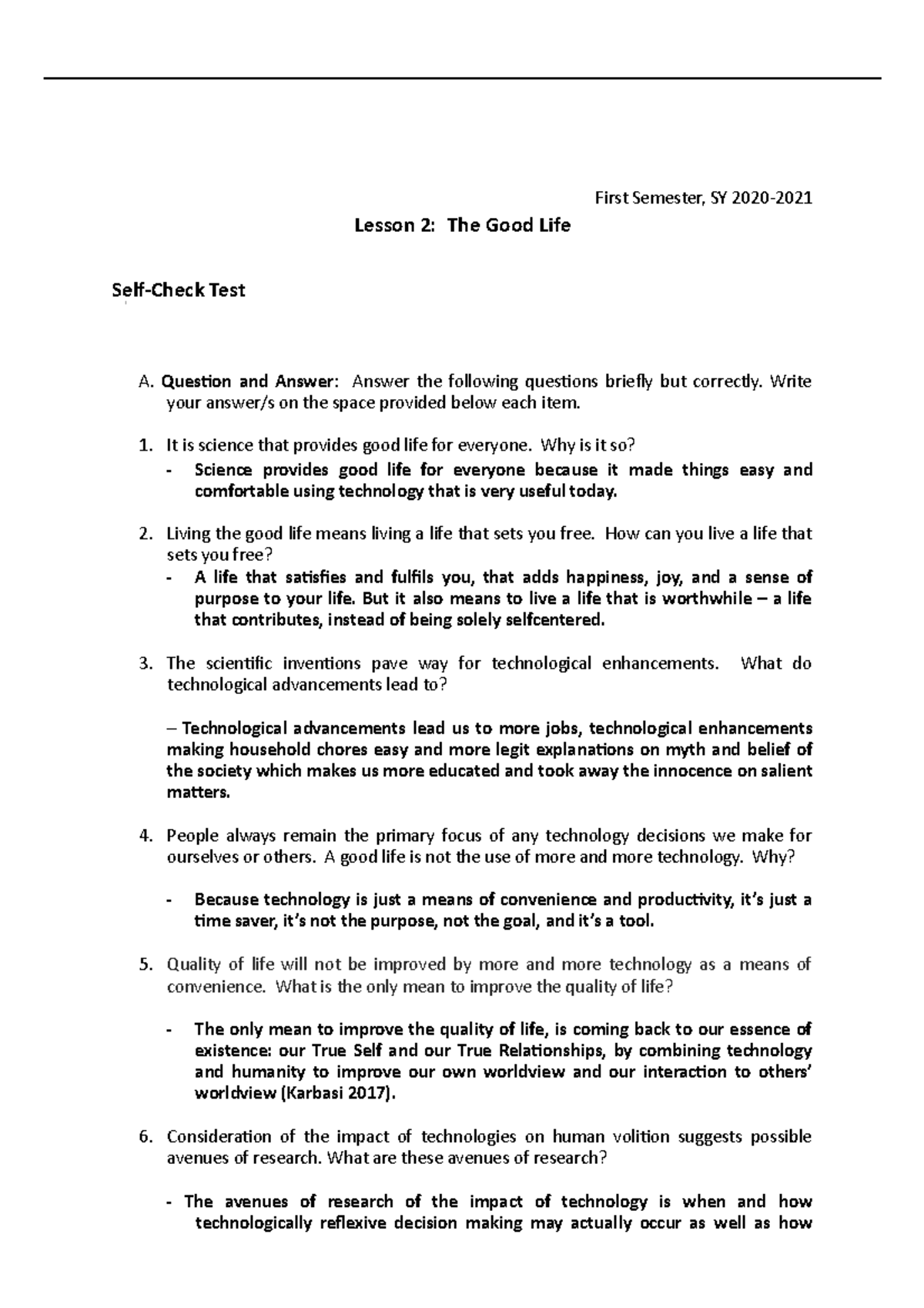 STS SELF Check TEST Module 2 Lesson 2 The Good Life - First Semester ...
