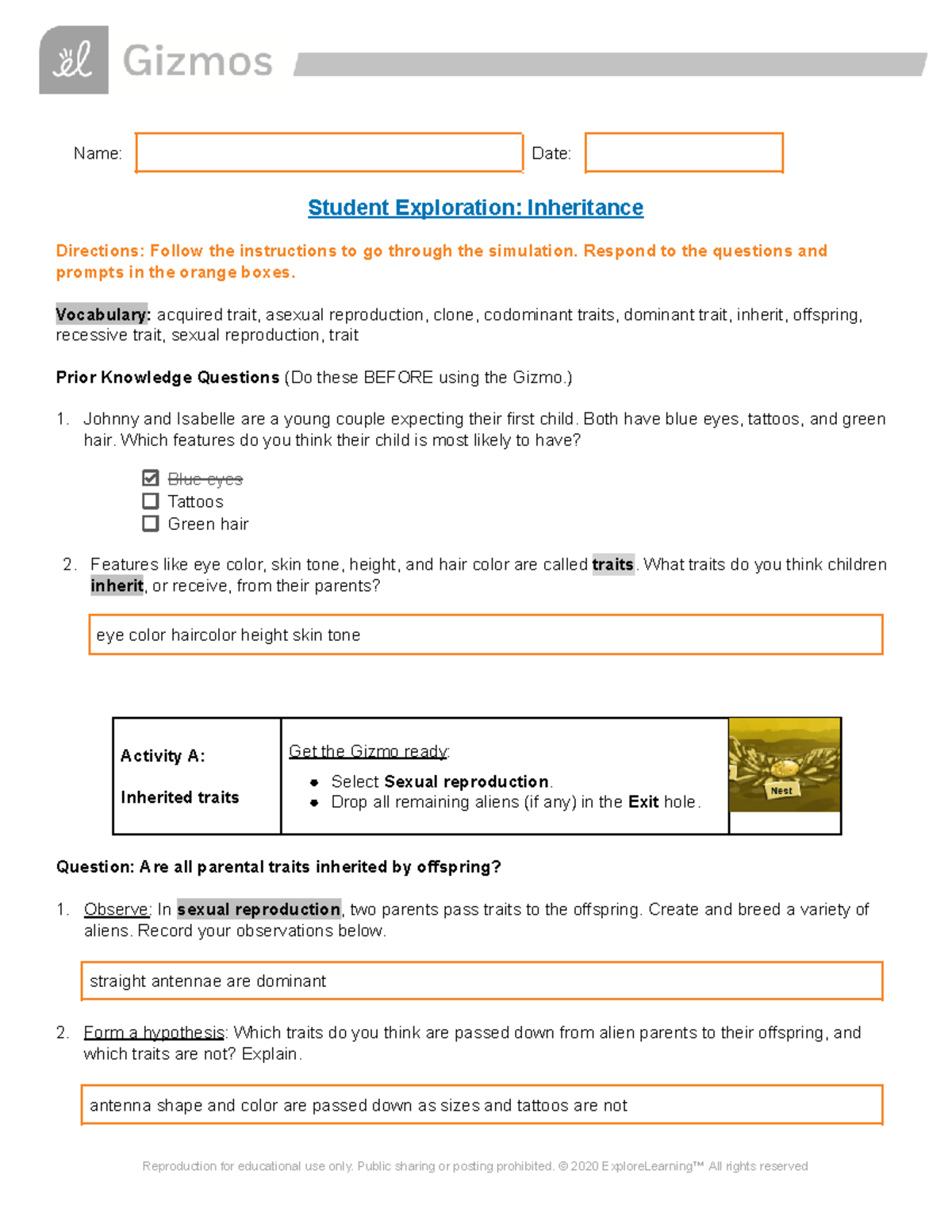 Inheritance Gizmo - Name: Date: Student Exploration: Inheritance Directions: Follow the ...