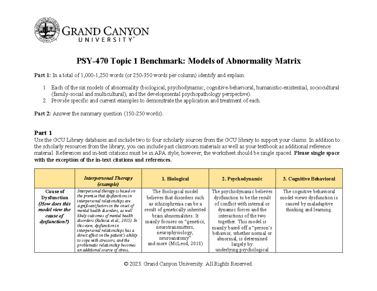PSY 470 RS T1 Modelsof Abnormality Matrix Assignment - PSY-470 Topic 1 ...