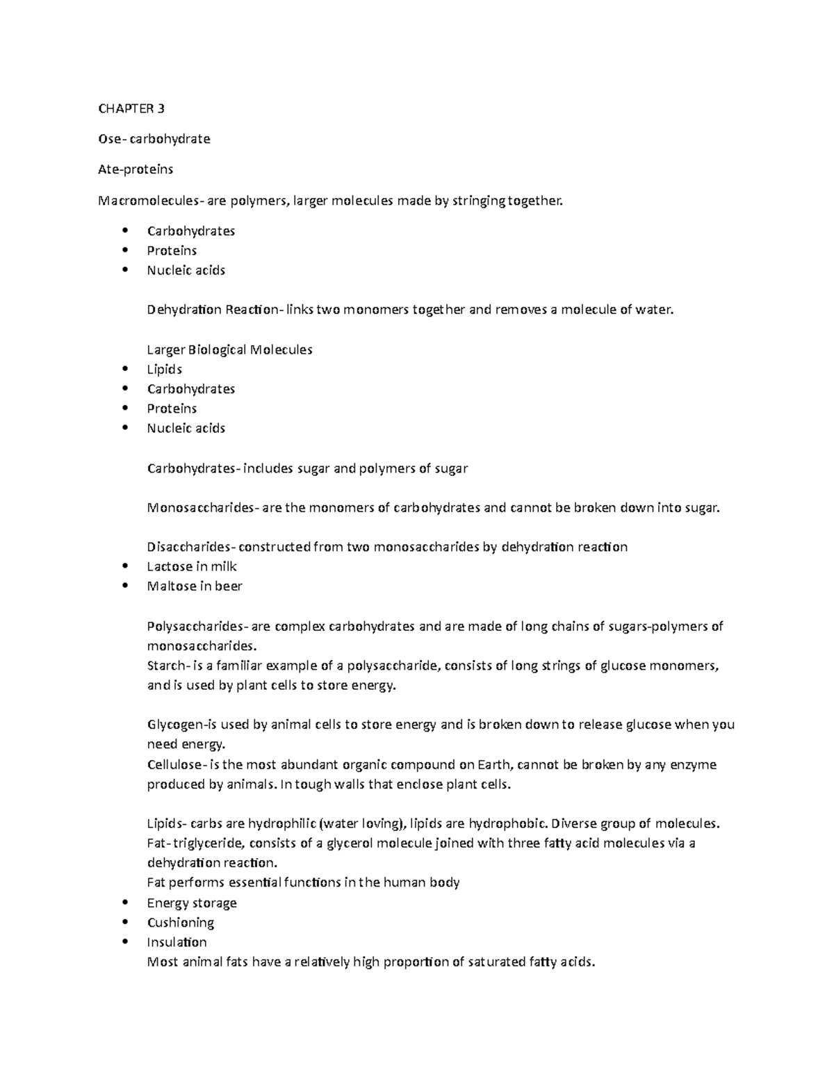 Biology Chapter 3-4 Notes - CHAPTER 3 Ose- carbohydrate Ate-proteins ...