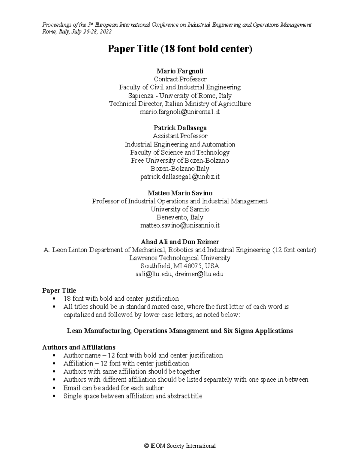 Plantilla de papel IEOM - Rome, Italy, July 26-28, 2022 Paper Title (18 ...