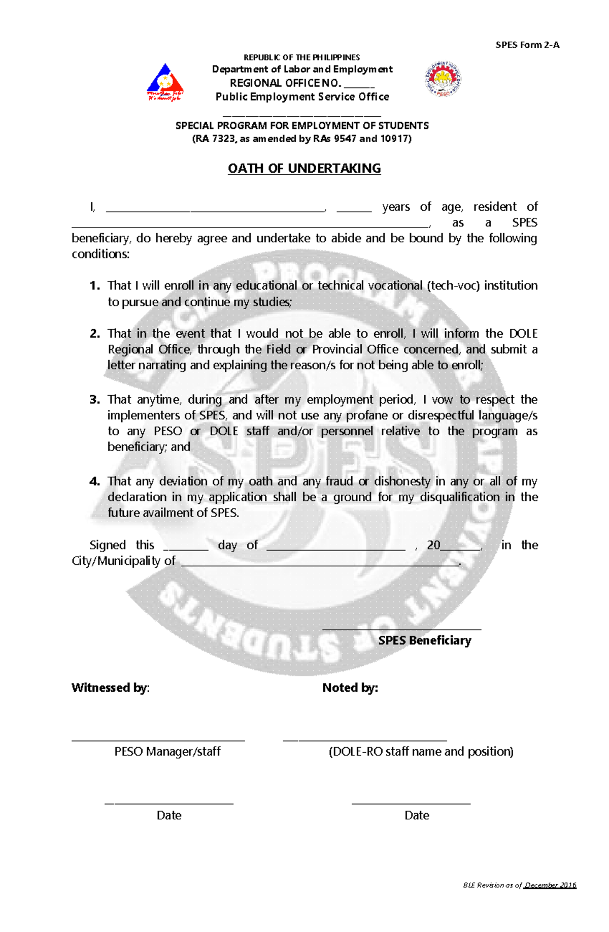 OATH-OF- Undertaking - BLE Revision as of December 2016 OATH OF ...