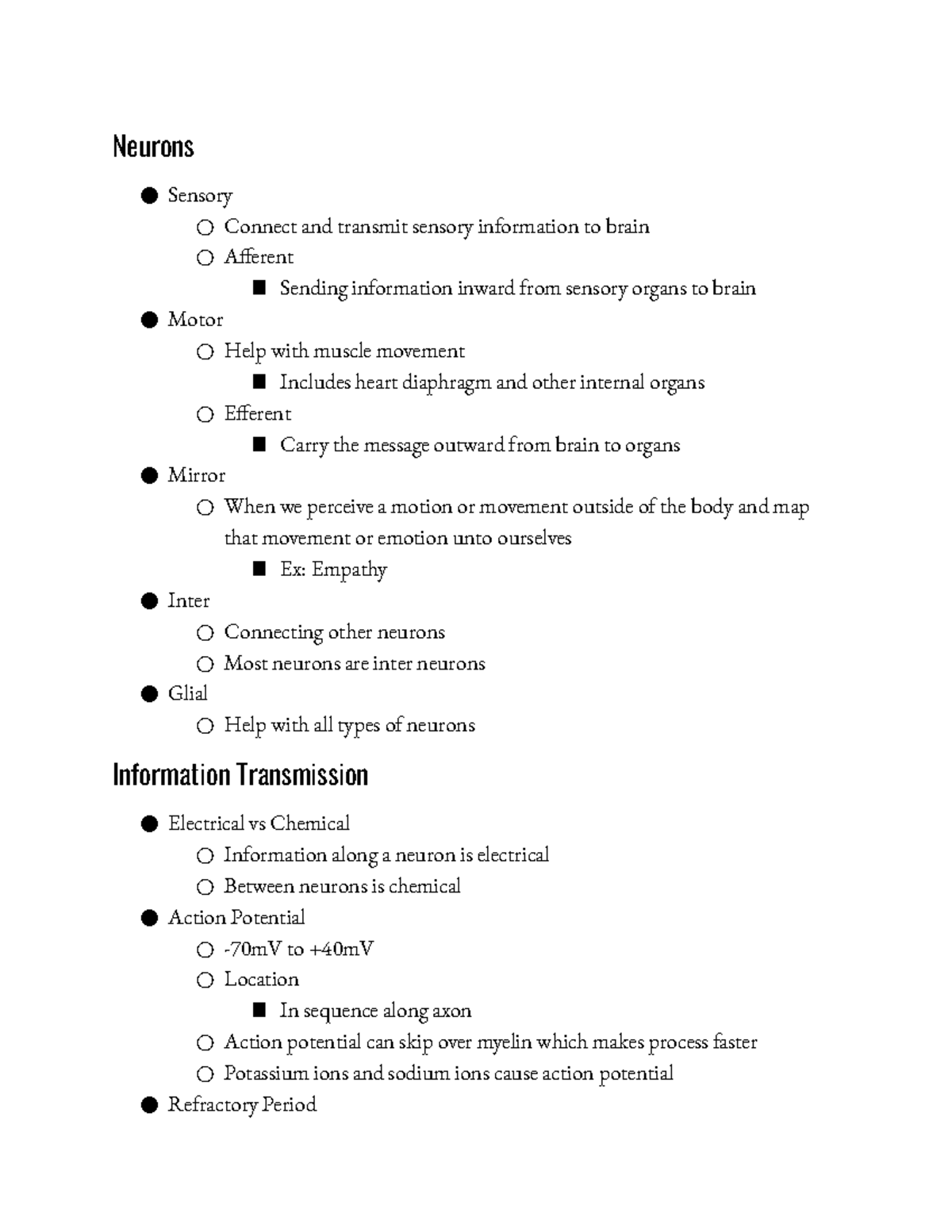 Psychology notes for neurons - Neurons Sensory Connect and transmit ...