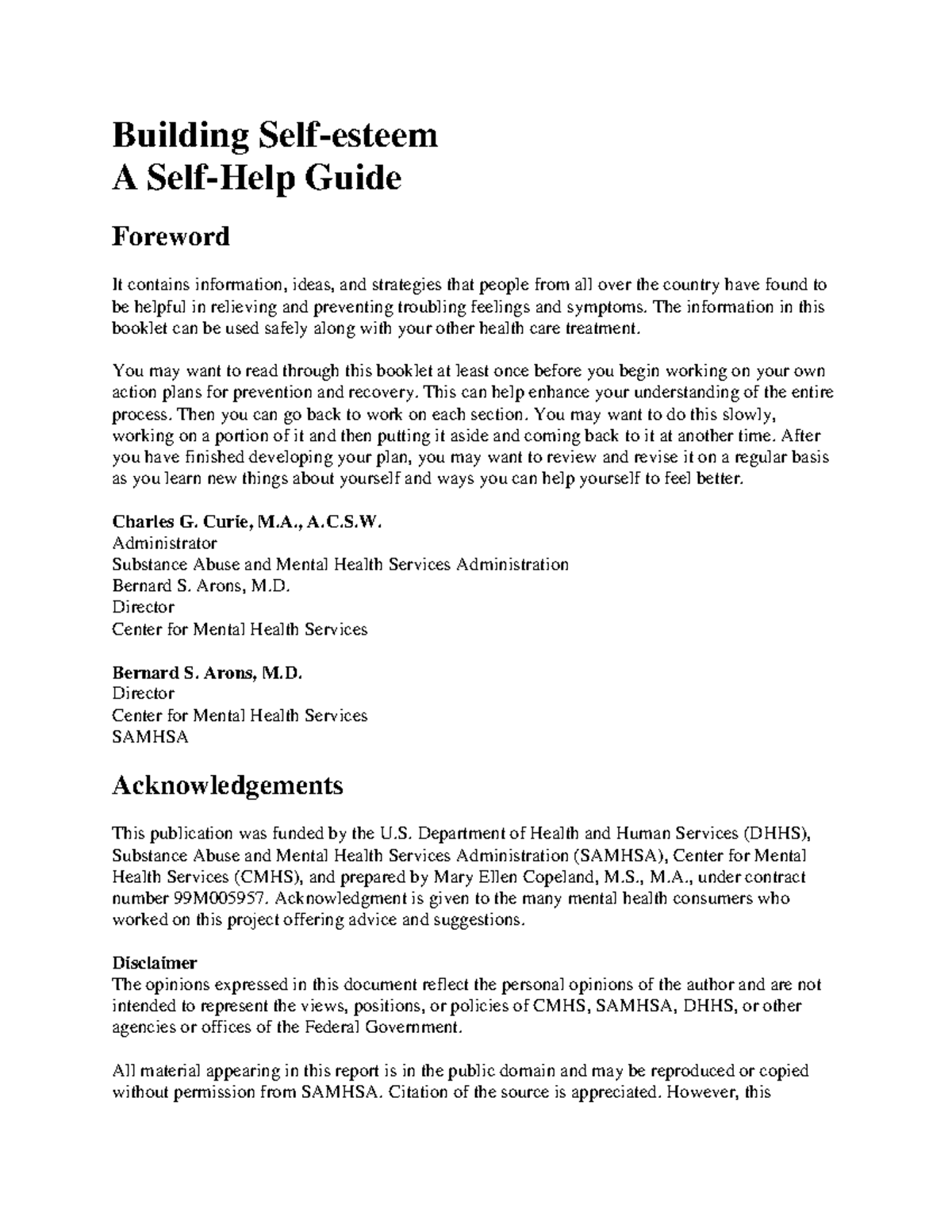 Samsha self-esteem booklet - Building Self-esteem A Self-Help Guide ...