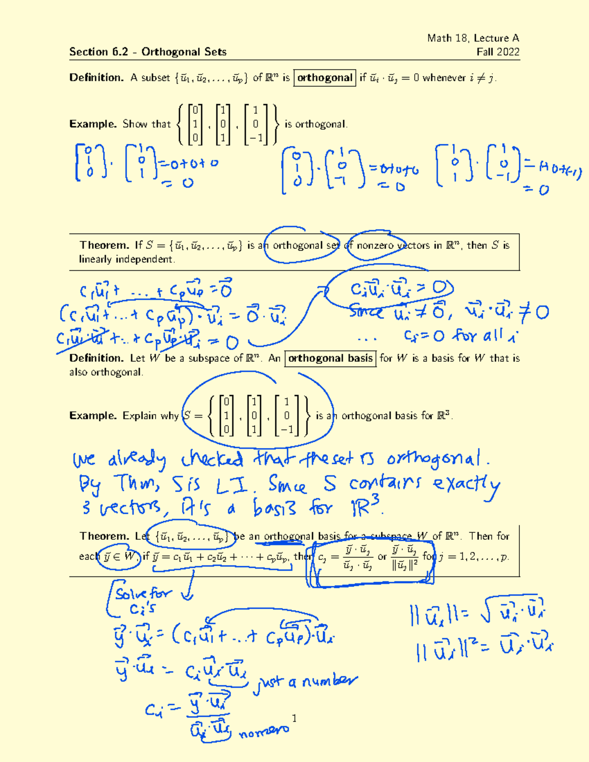 Section 6 - 6.2 - Section 6 - Orthogonal Sets Fall 2022 Definition. A ...