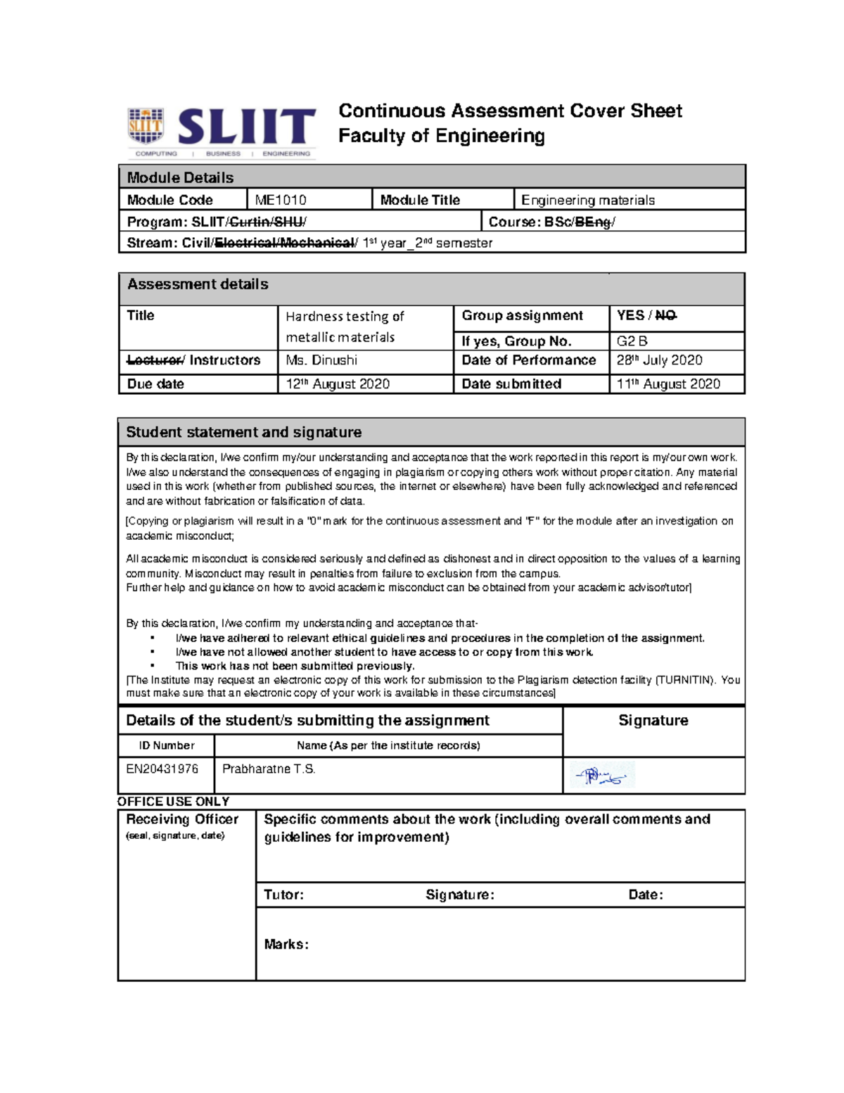 EN20431976 hardness - wefthbtgafav - Continuous Assessment Cover Sheet ...