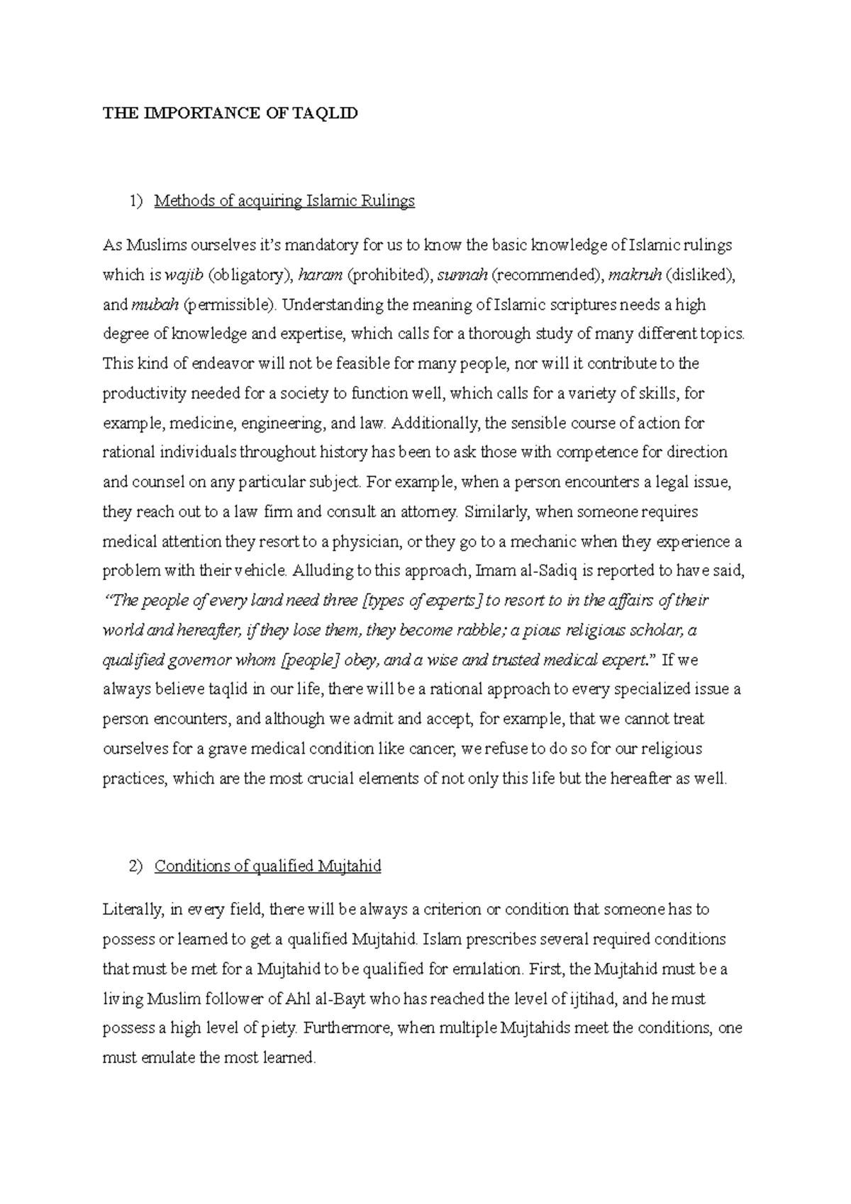 THE Importance OF Taqlid - THE IMPORTANCE OF TAQLID Methods of ...