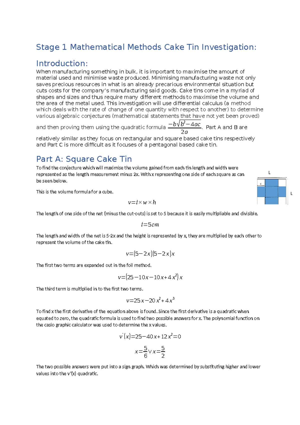Cake tin Maths investigation: Algebraic Maximisation and Minimisation ...