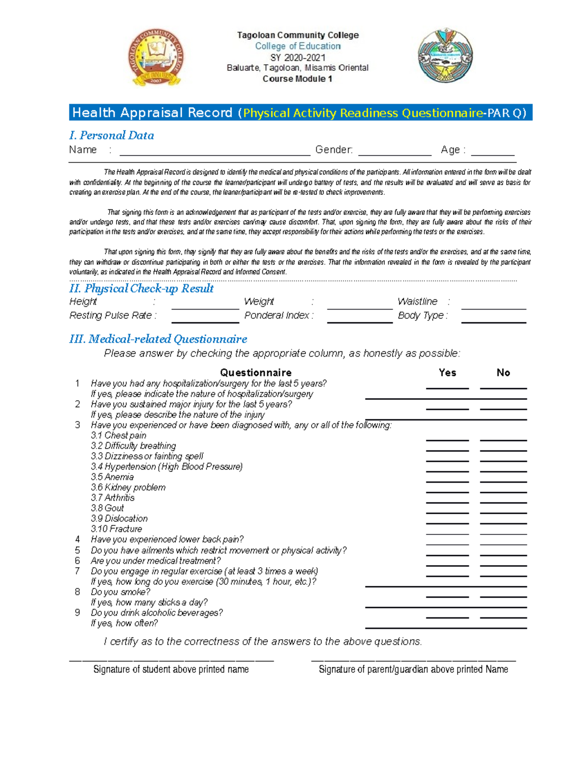 PAR-Q - PAR-Questionnaire - Health Appraisal Record (Physical Activity ...