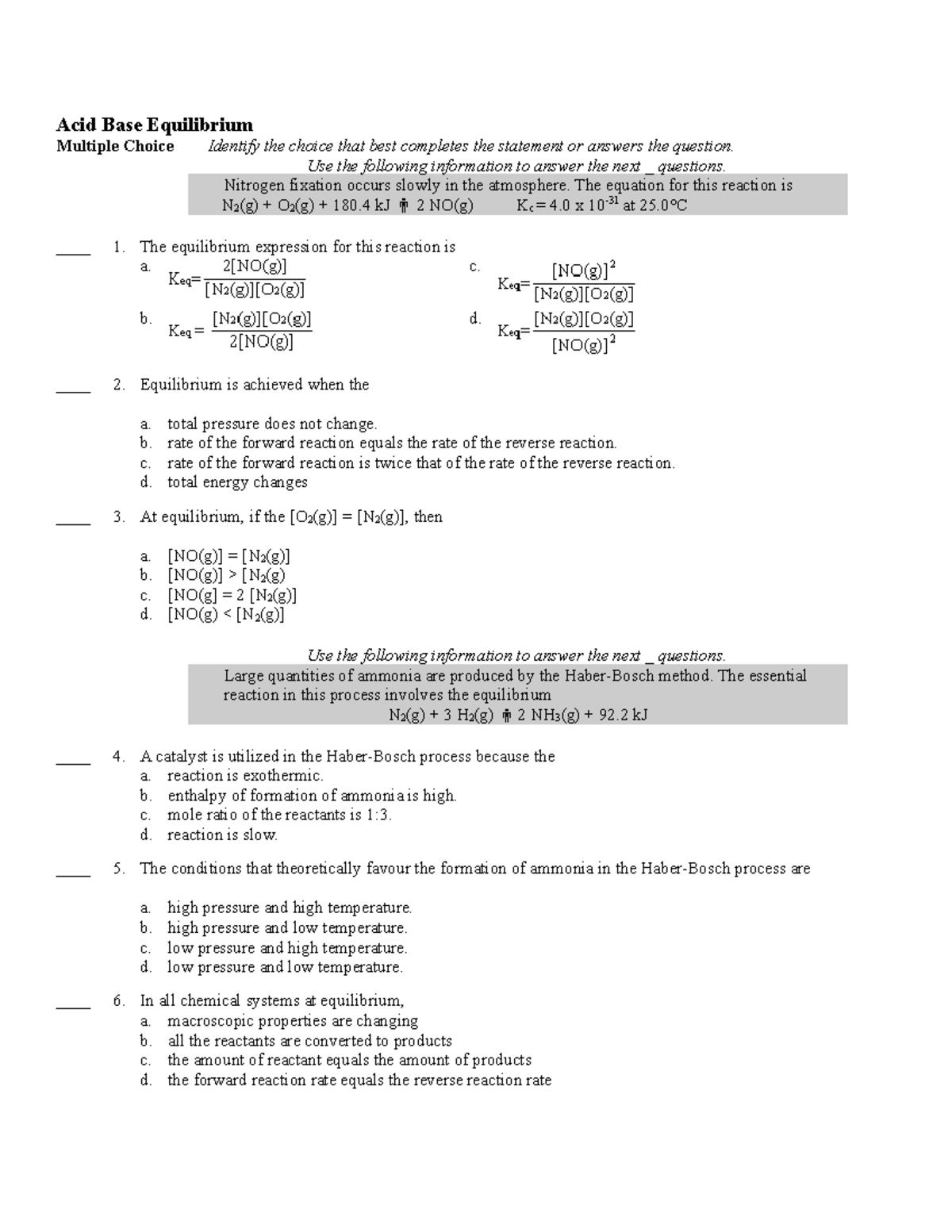 Acid Base Equilibrium Diploma Questions - Acid Base Equilibrium ...