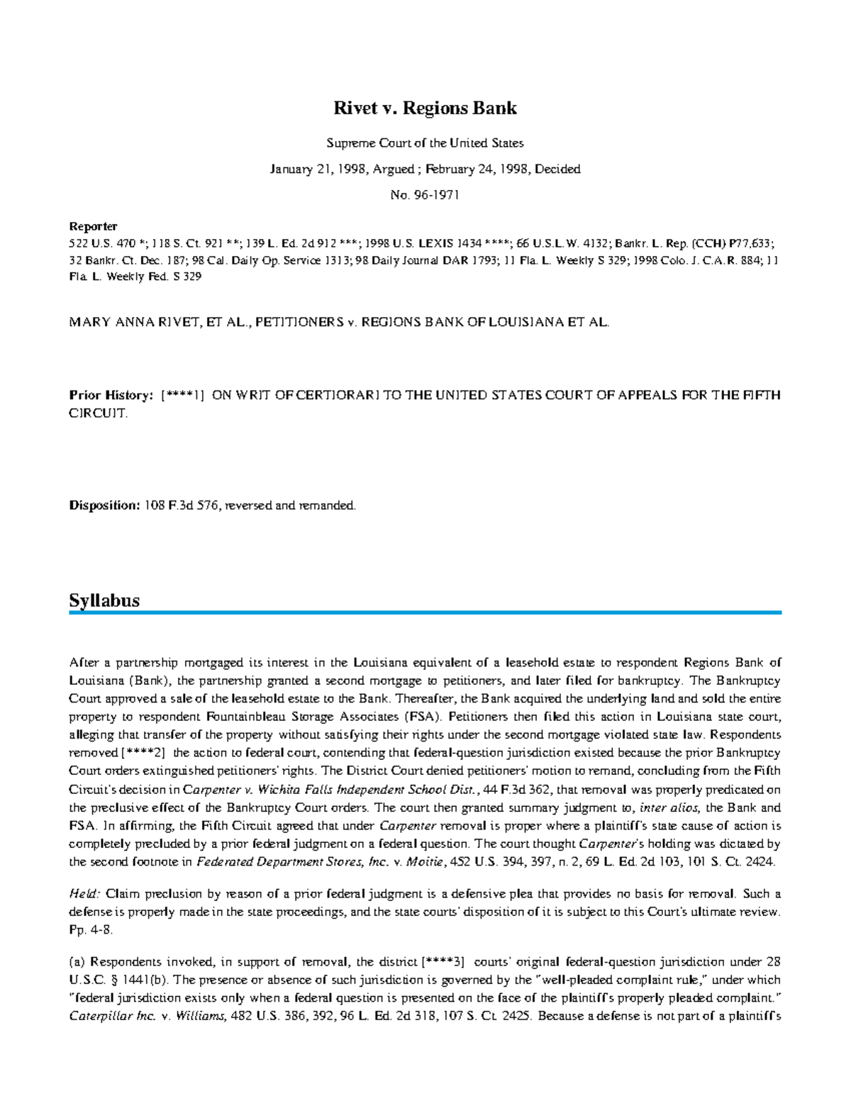 Rivet v. Regions Bank 522 U.S. 470 - Rivet v. Regions Bank Supreme ...