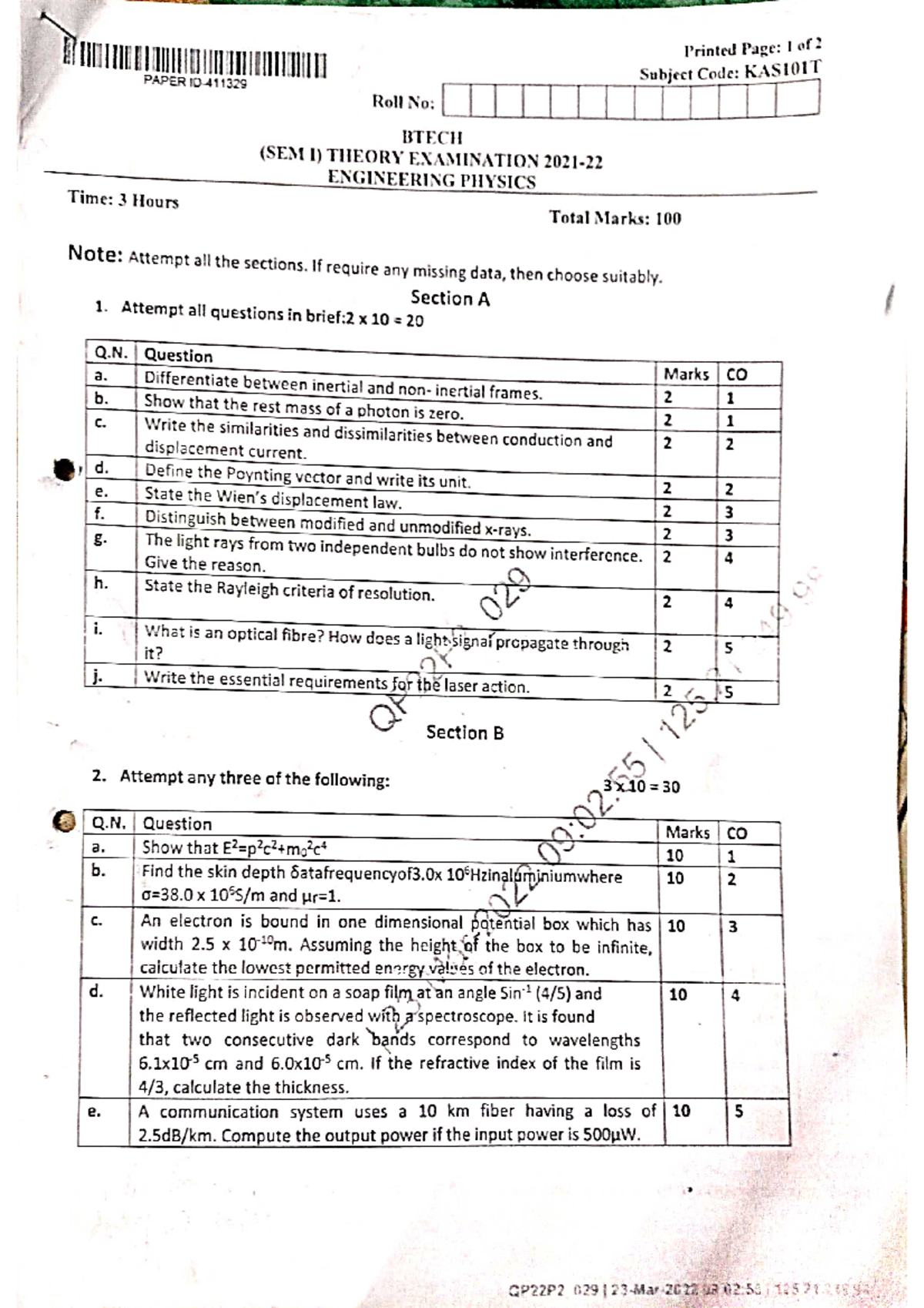 Engineering physics question paper Sem 1 2021-22 - mechanical ... Engineering physics question paper Sem 1 2021-22 - mechanical ...