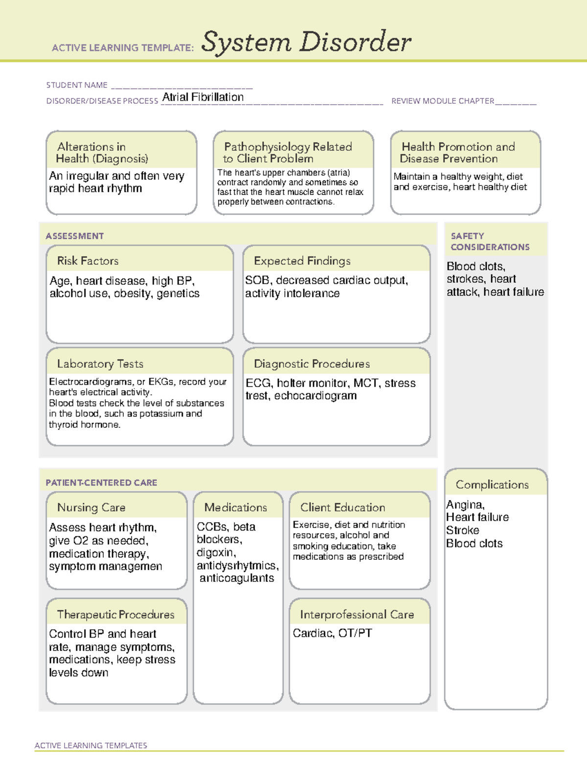 AFIB - Afib - ACTIVE LEARNING TEMPLATES System Disorder STUDENT NAME ...