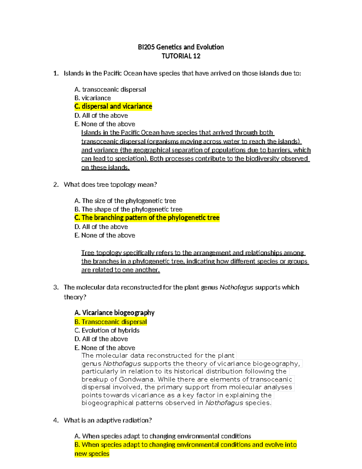 BI205 Tutorial 12 - BI205 Genetics and Evolution TUTORIAL 12 1. Islands ...