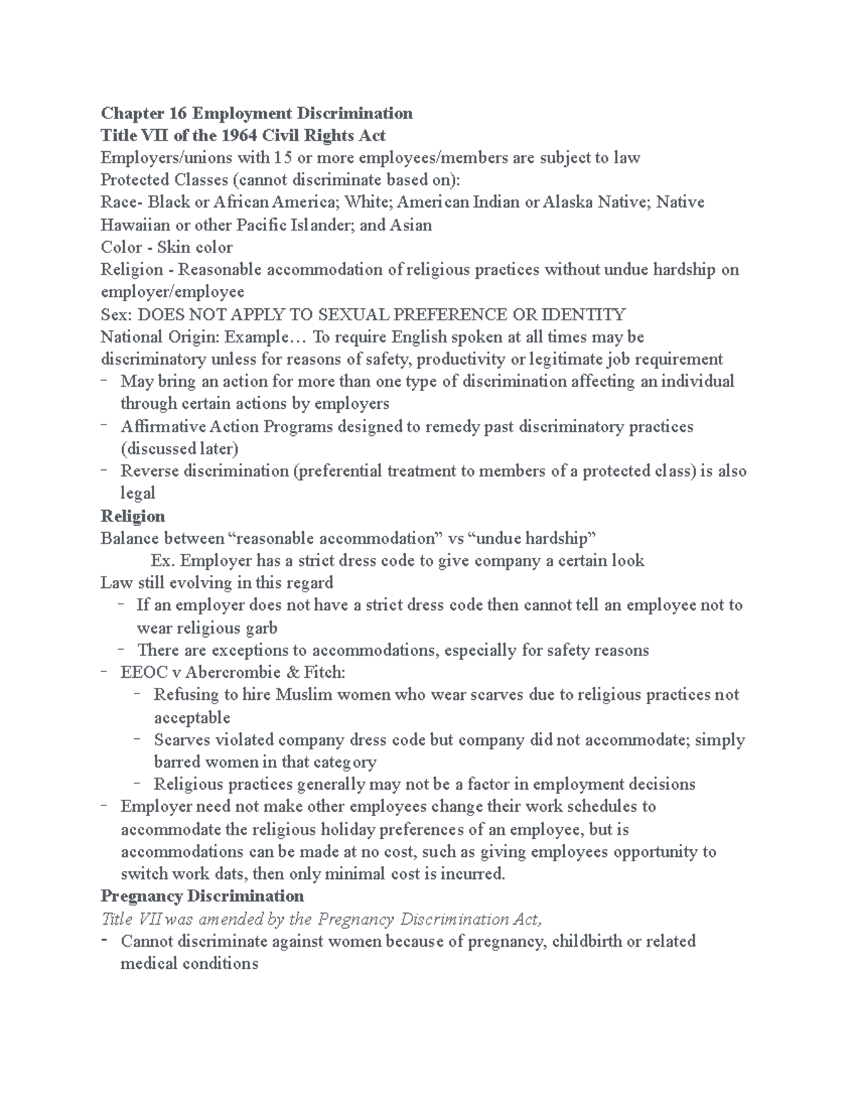 FINA2244 Chapter 16 Notes - Chapter 16 Employment Discrimination Title ...