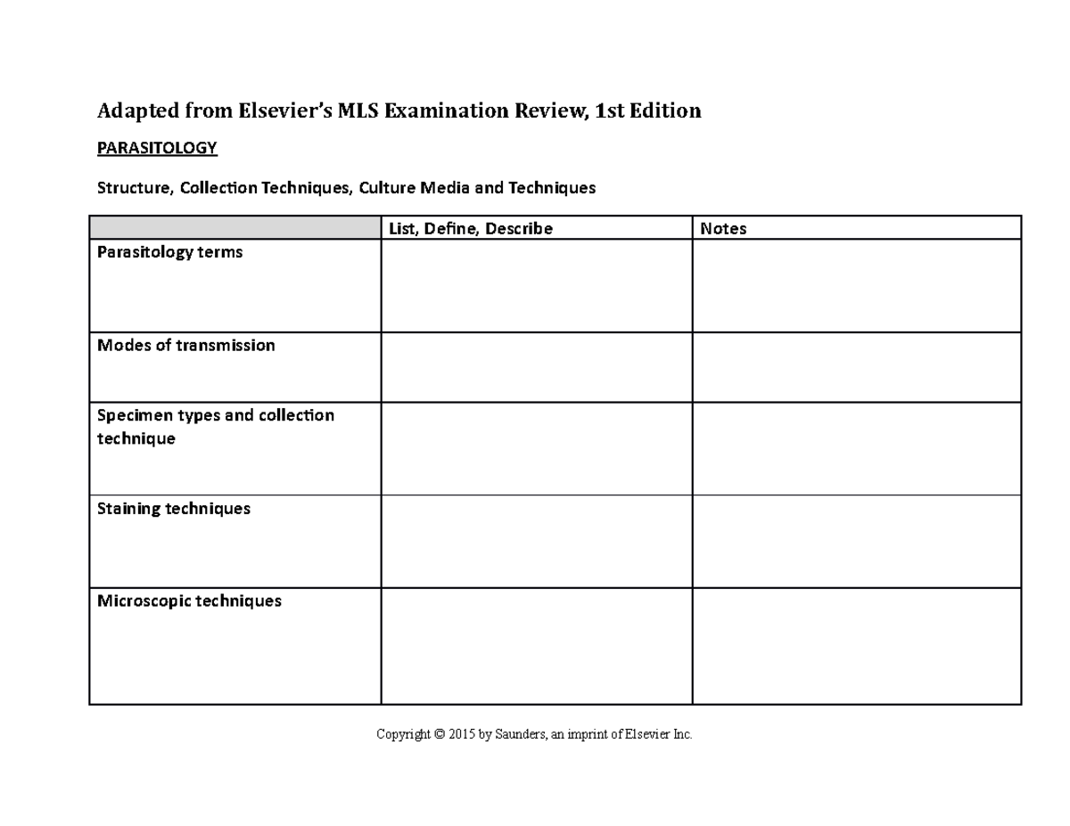Parasitology Study Worksheet - Adapted from MLS Examination Review, 1st ...