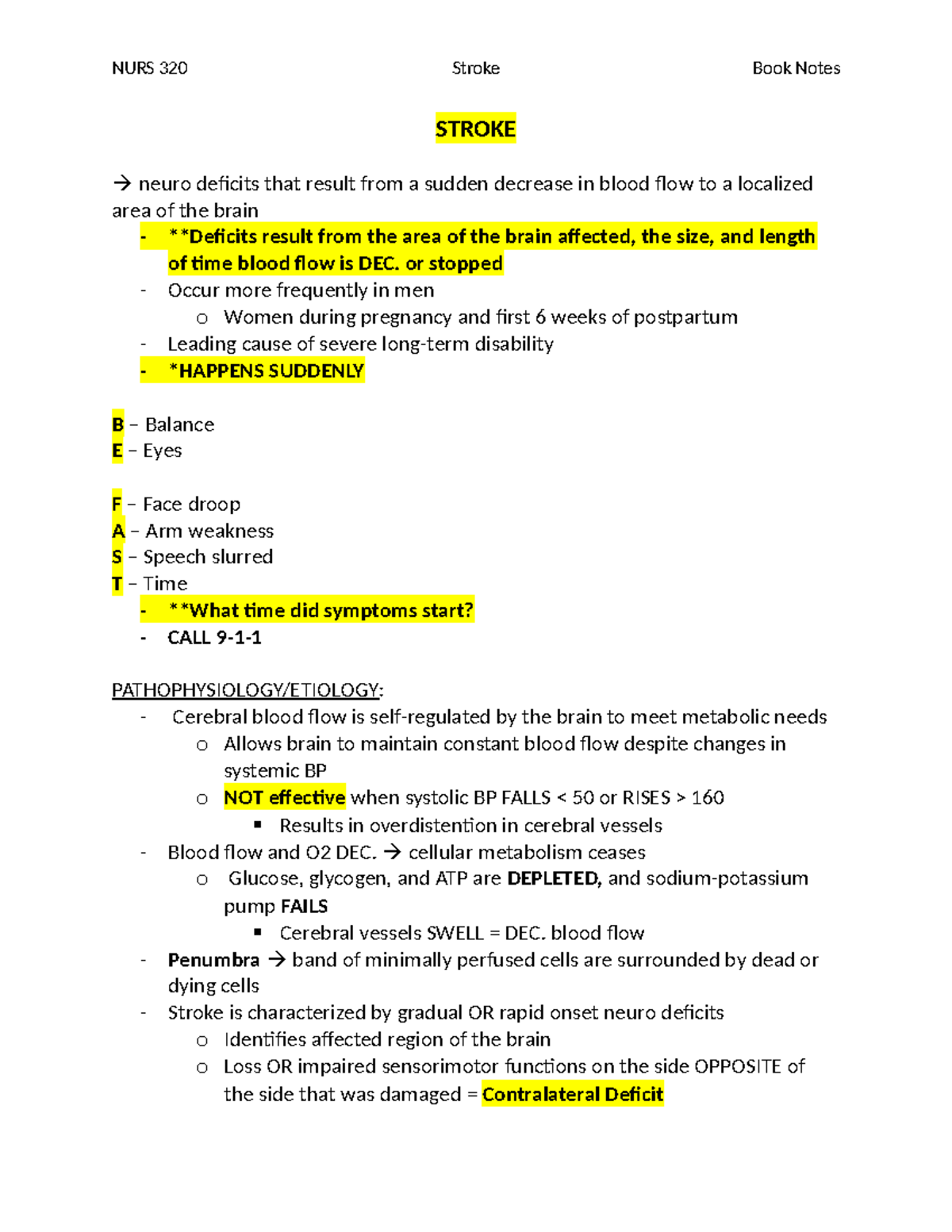 Stroke Book Notes - STROKE neuro deficits that result from a sudden ...