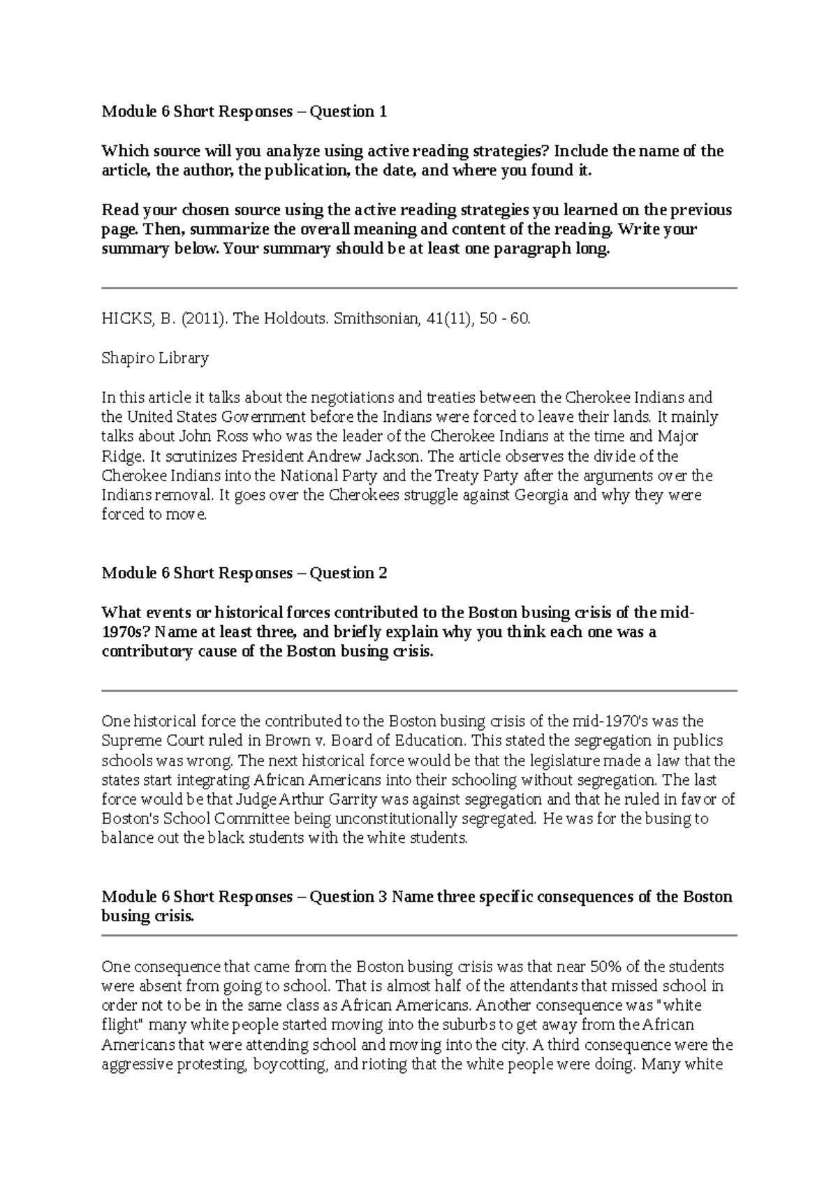 HIS 200 Applied History - Module 6 Short Responses – Question 1 Which ...