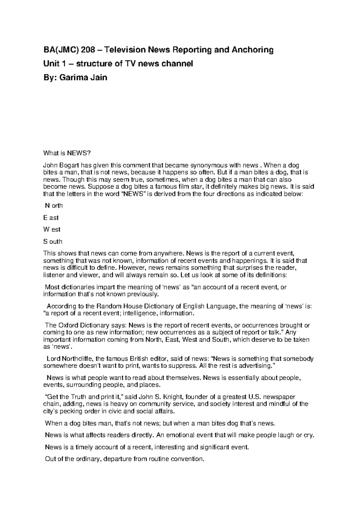 Tvnr unit 1 notes - BA(JMC) 208 – Television News Reporting and ...