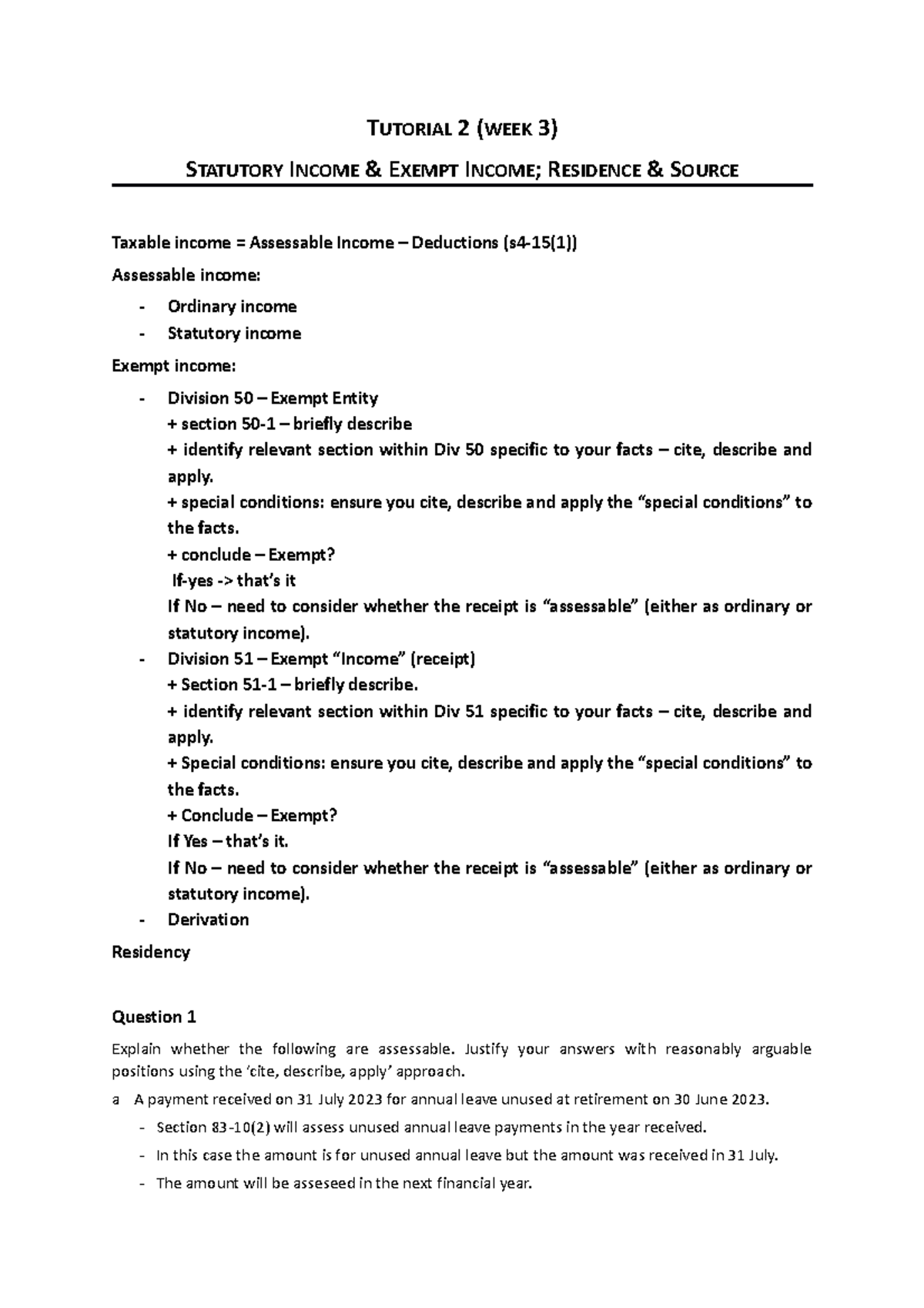 Tutorial 2 (Week 3) Statutory Income Exempt Residence Source - Studocu
