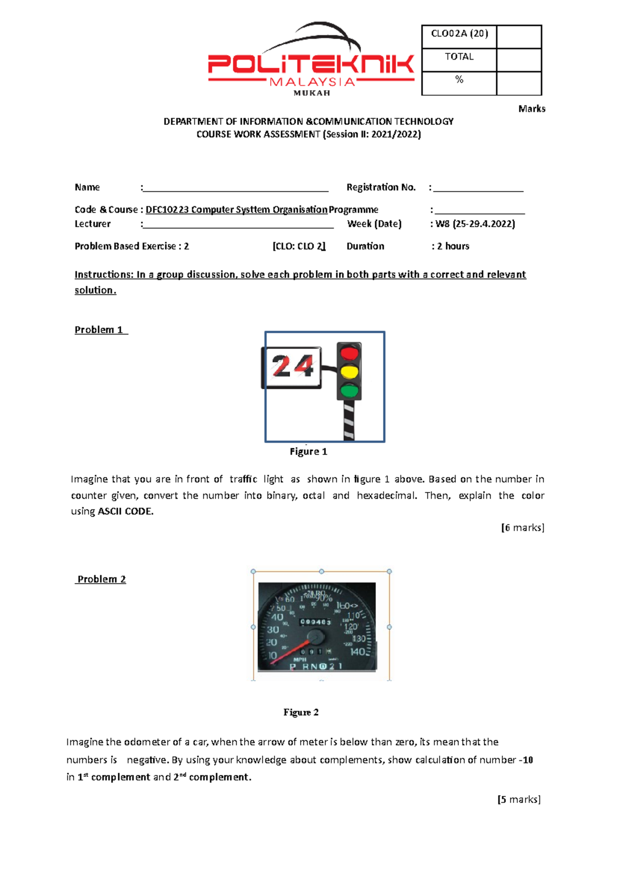 DFC10223 CSA Problem Based Exercise 2 - Marks DEPARTMENT OF INFORMATION &COMMUNICATION - Studocu