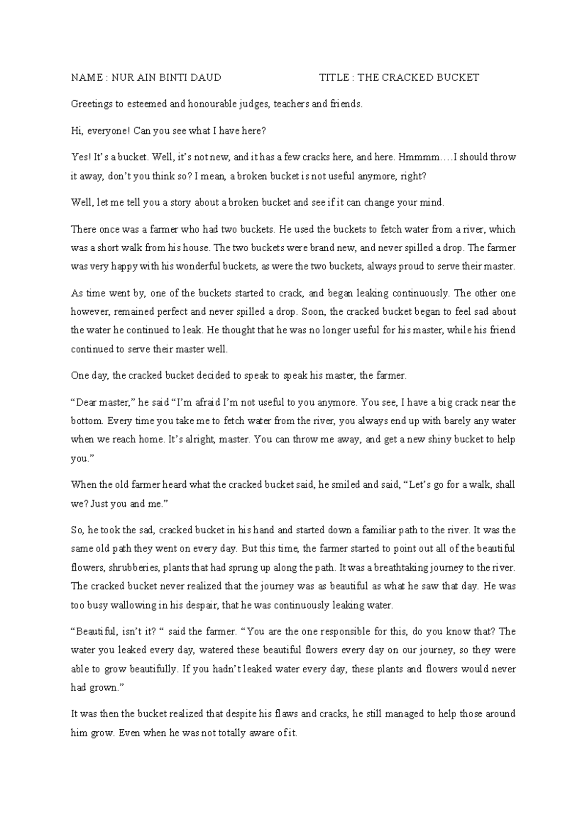 Storytelling Script - NAME : NUR AIN BINTI DAUD TITLE : THE CRACKED ...