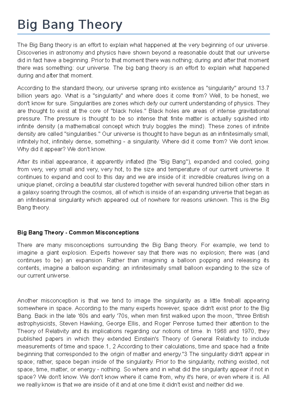 Origin of the universe - Big Bang Theory The Big Bang theory is an ...