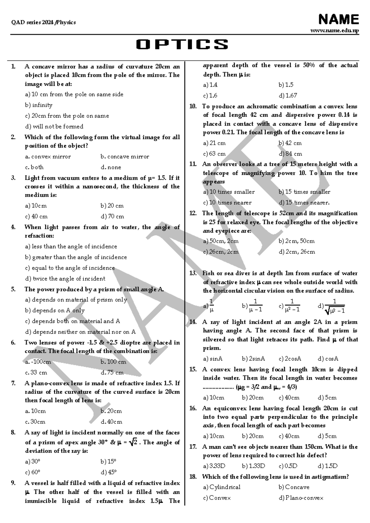 Optics (RT) 1 - dfsaf safas - QAD series 202 4 /Physics NAME name.edu ...