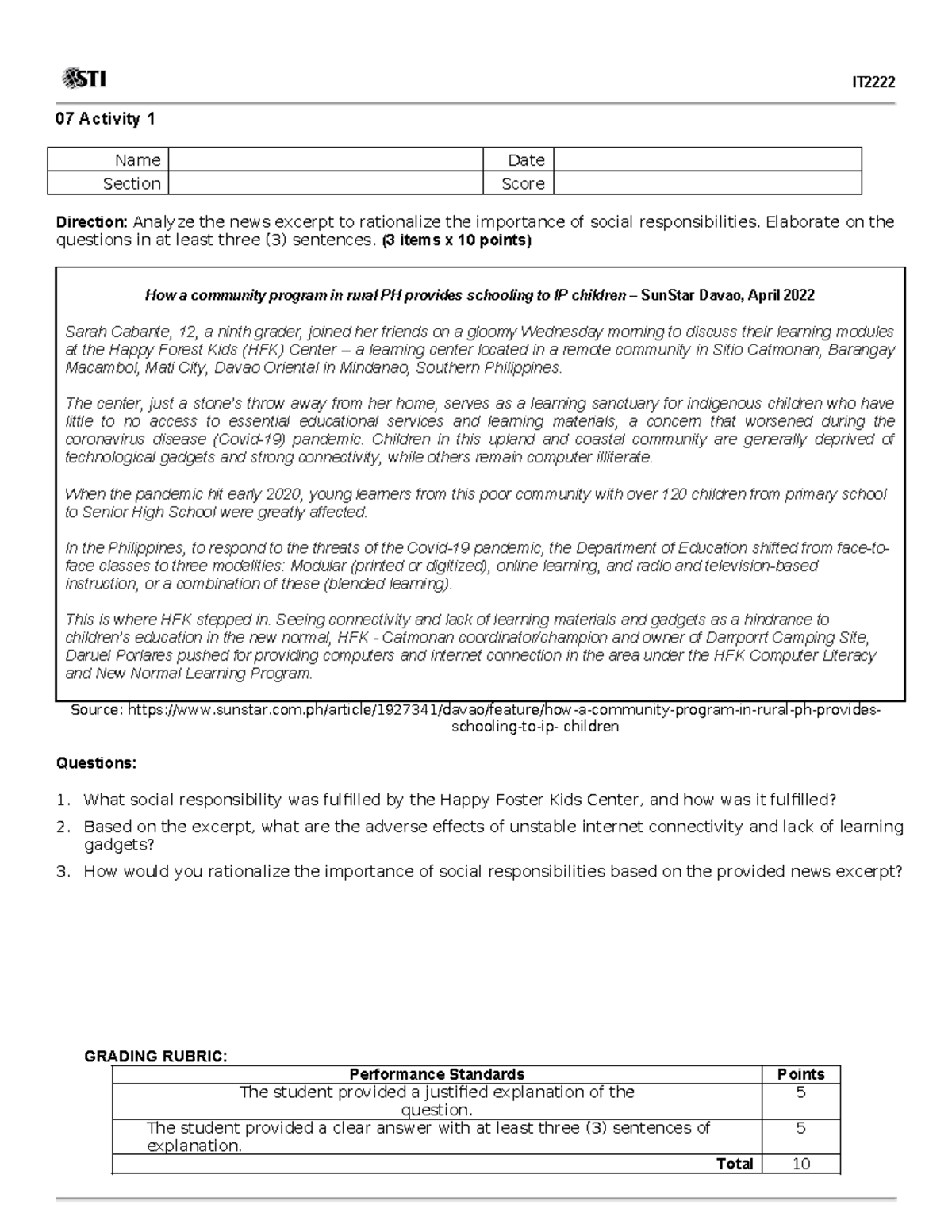 07 Activity 1(3) - ASSIGNMENTS - 07 Activity 1 IT Name Date Section ...