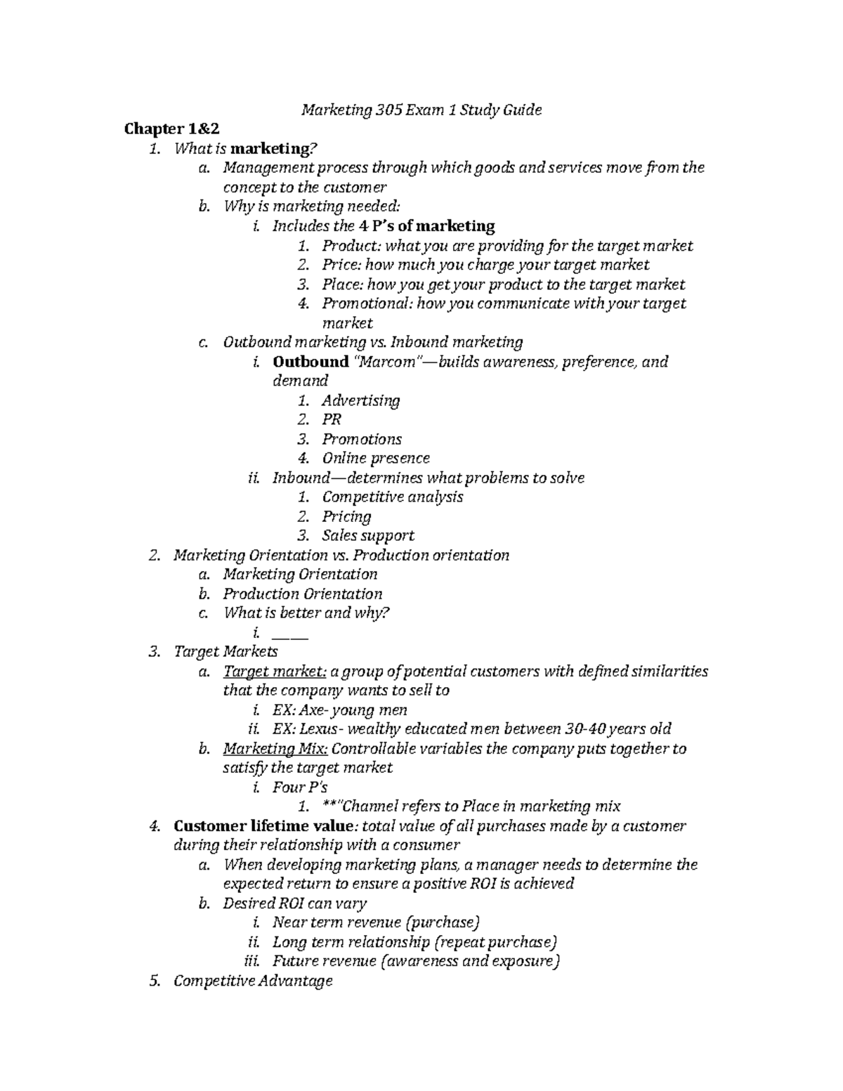Marketing Exam 1 Study Guide - Marketing 305 Exam 1 Study Guide Chapter ...