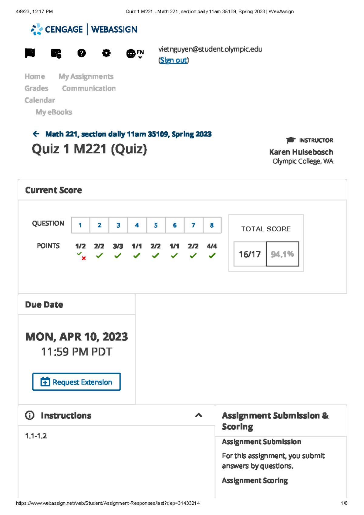 Quiz 1 M221 - Math 221, section daily 11am 35109, Spring 2023 Web Assign - EN - Studocu