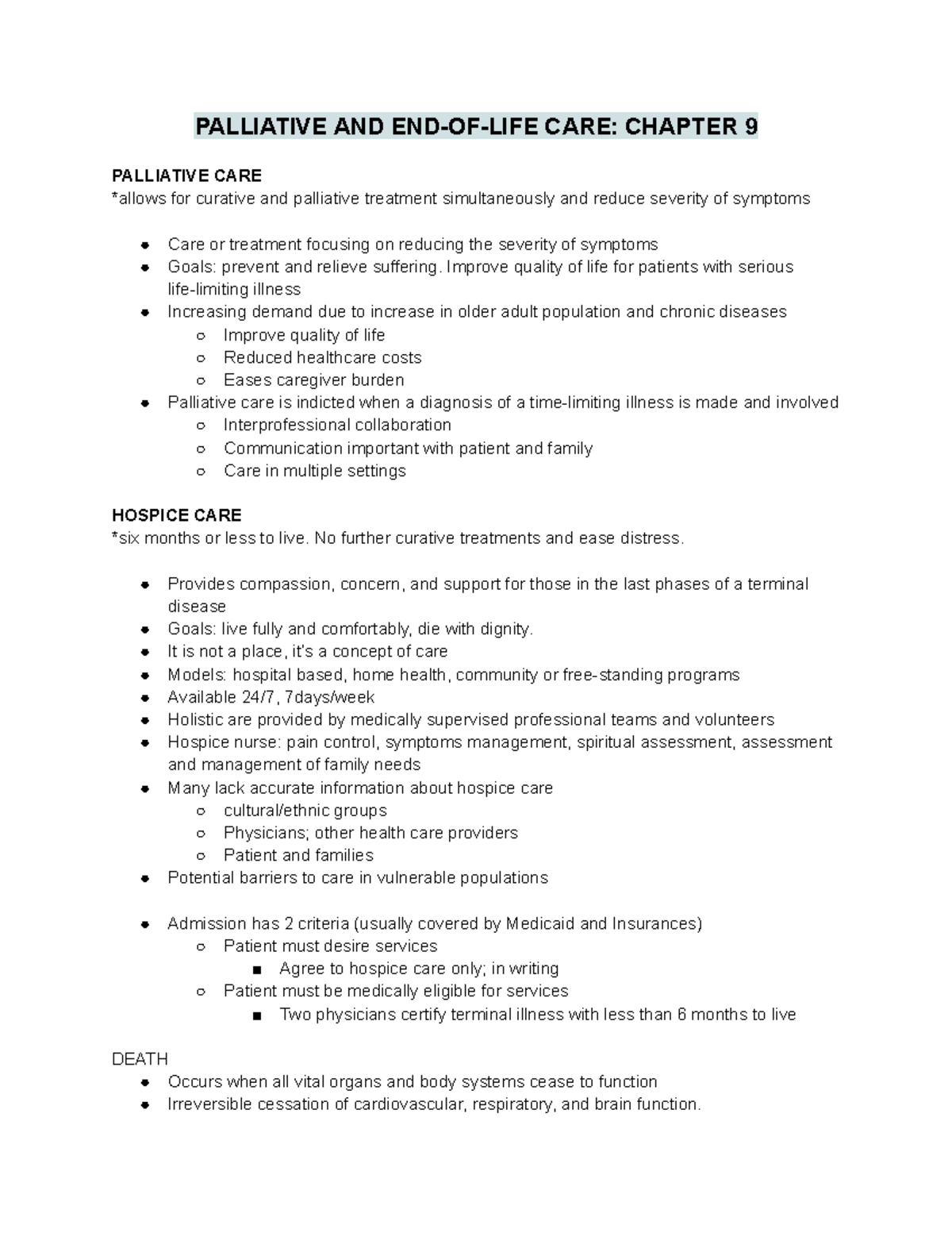 Palliative and EOL - Notes - PALLIATIVE AND END-OF-LIFE CARE: CHAPTER 9 ...