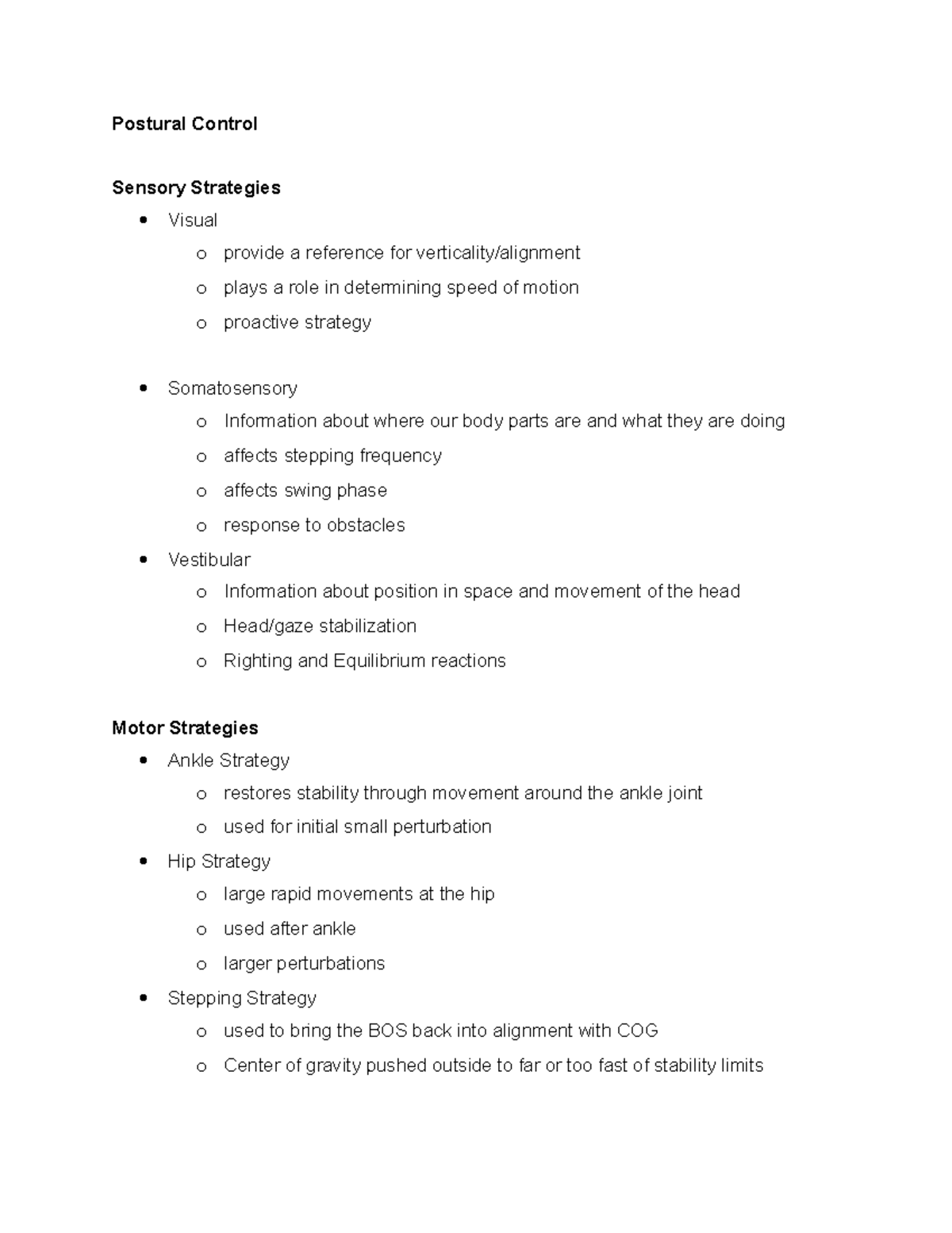 Postural Control - Postural Control Sensory Strategies Visual o provide ...