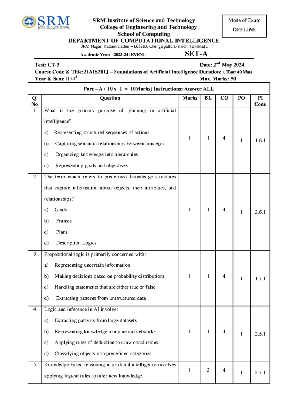 Fai Ct3 Srm Institute Of Science And Technology College Of Engineering And Technology School