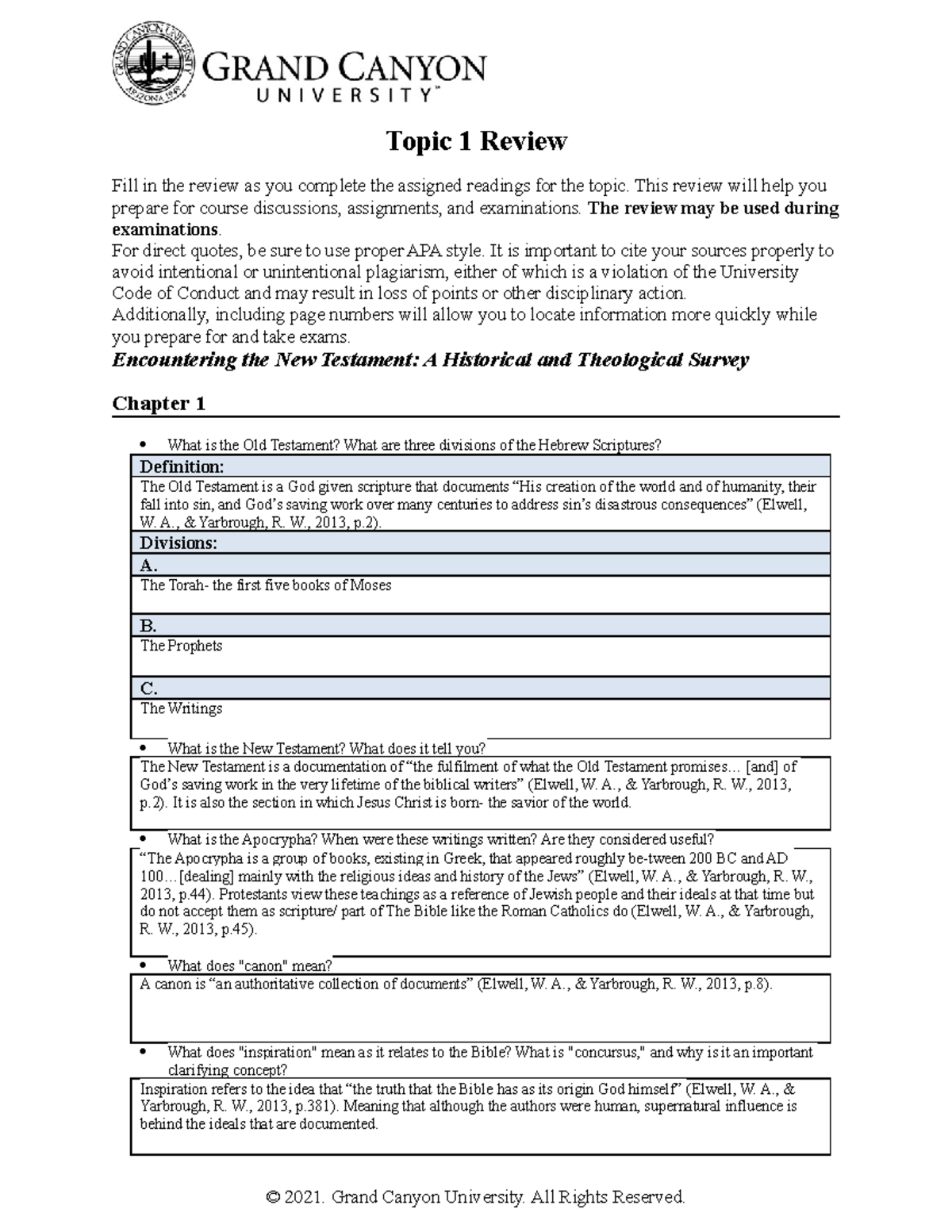 BIB-107-T1Review - topic one review - Topic 1 Review Fill in the review ...