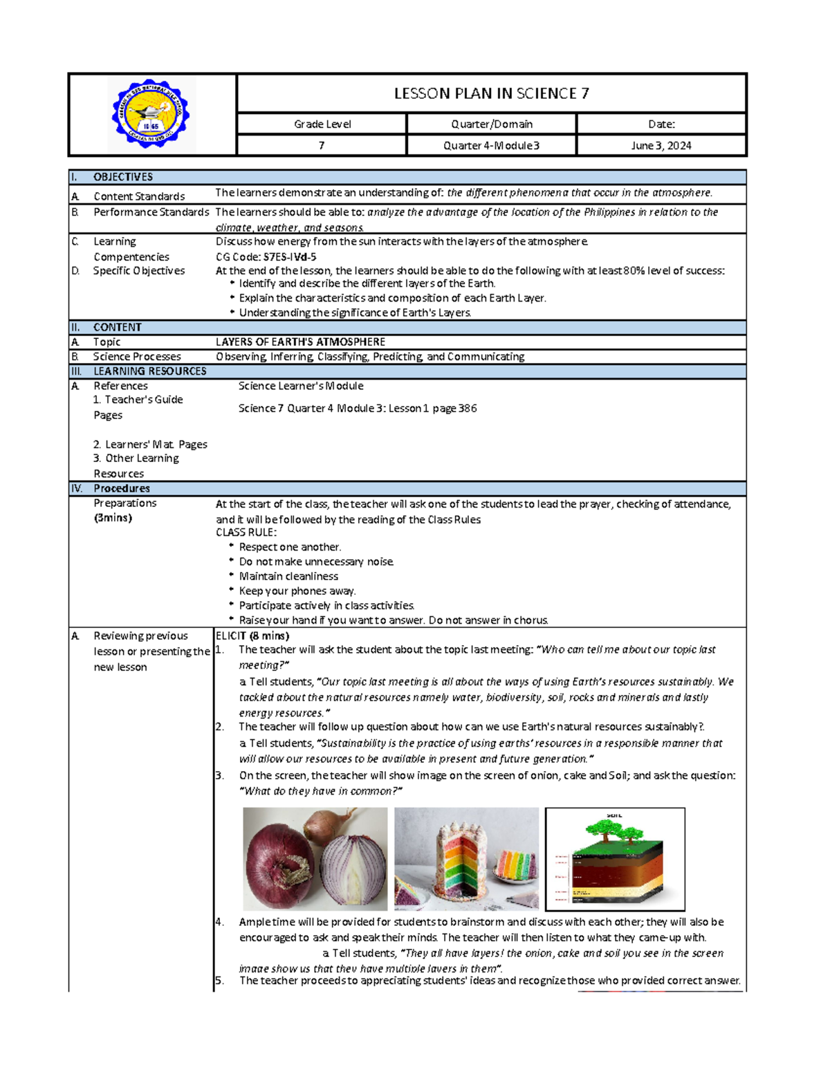 7E Model Lesson Plan - Grade Level Quarter/Domain Date: 7 Quarter 4 ...