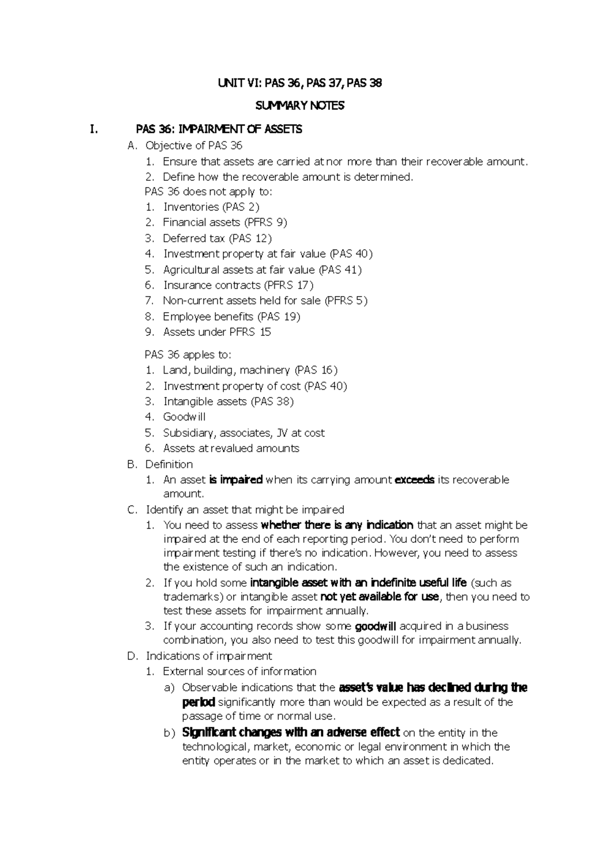 PAS 36, PAS 37, PAS 38 - Summary for PAS 36, PAS 37 and PAS 38 - UNIT ...