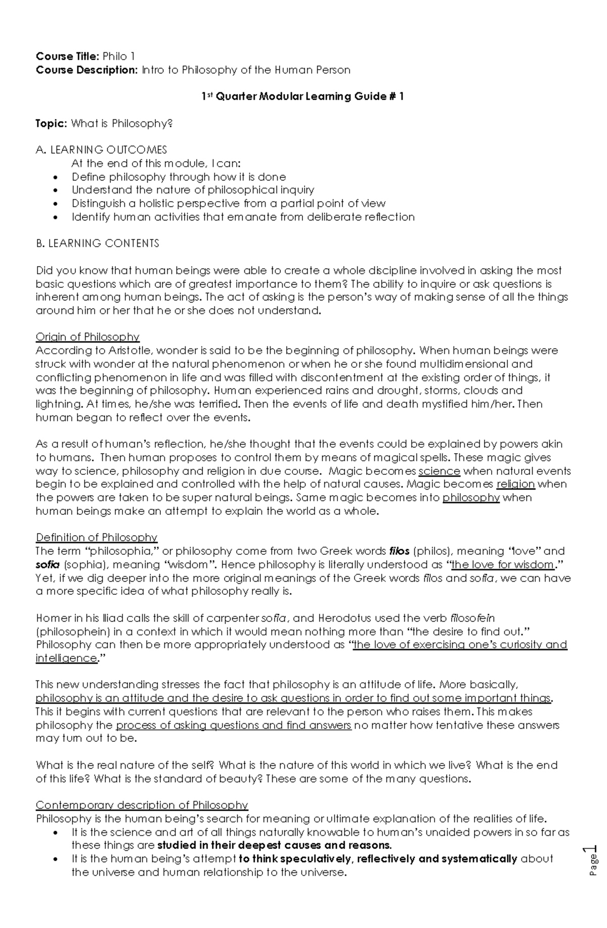 Philo 1 MLGuide#1 - Page 1 Course Title: Philo 1 Course Description ...