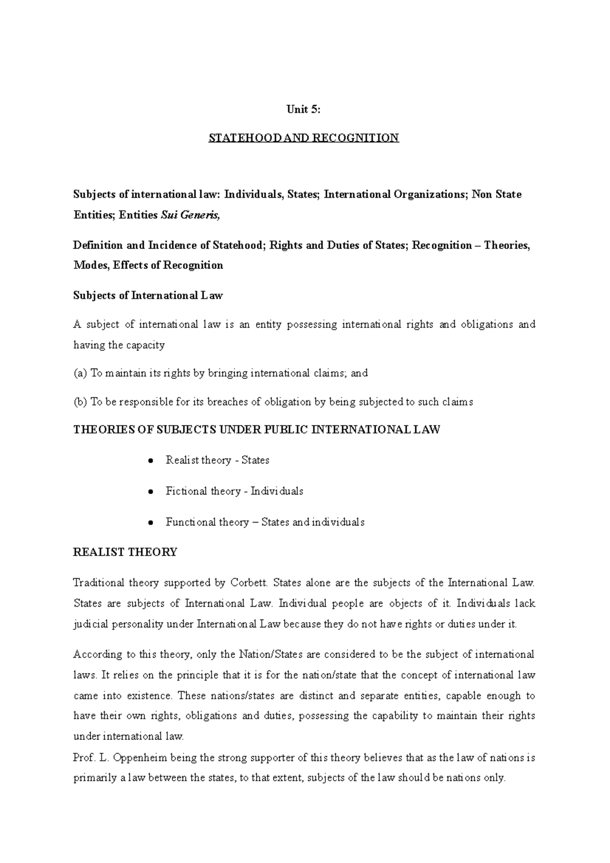 Unit 5 PIL - Lecture notes MODULE 5 - Unit 5: STATEHOOD AND RECOGNITION ...